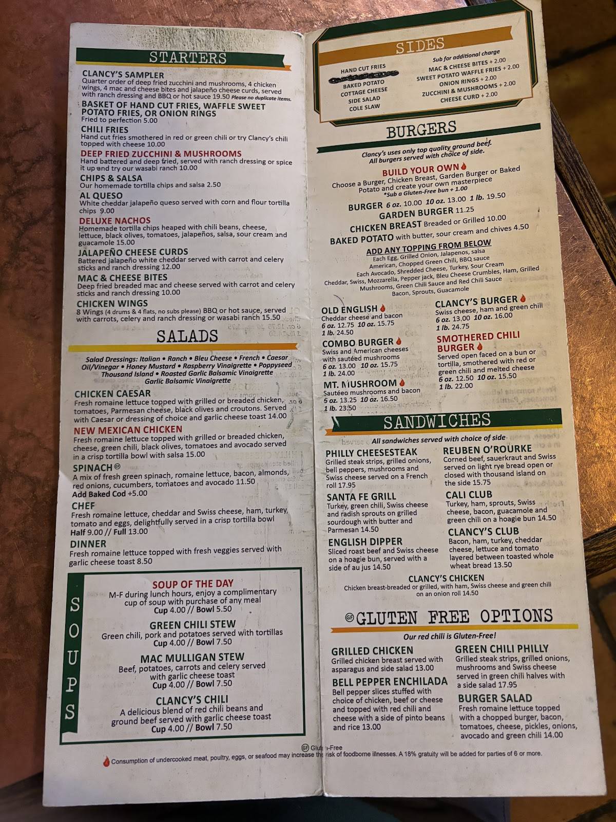 Menu at Clancy's Pub an Irish Cantina, Farmington