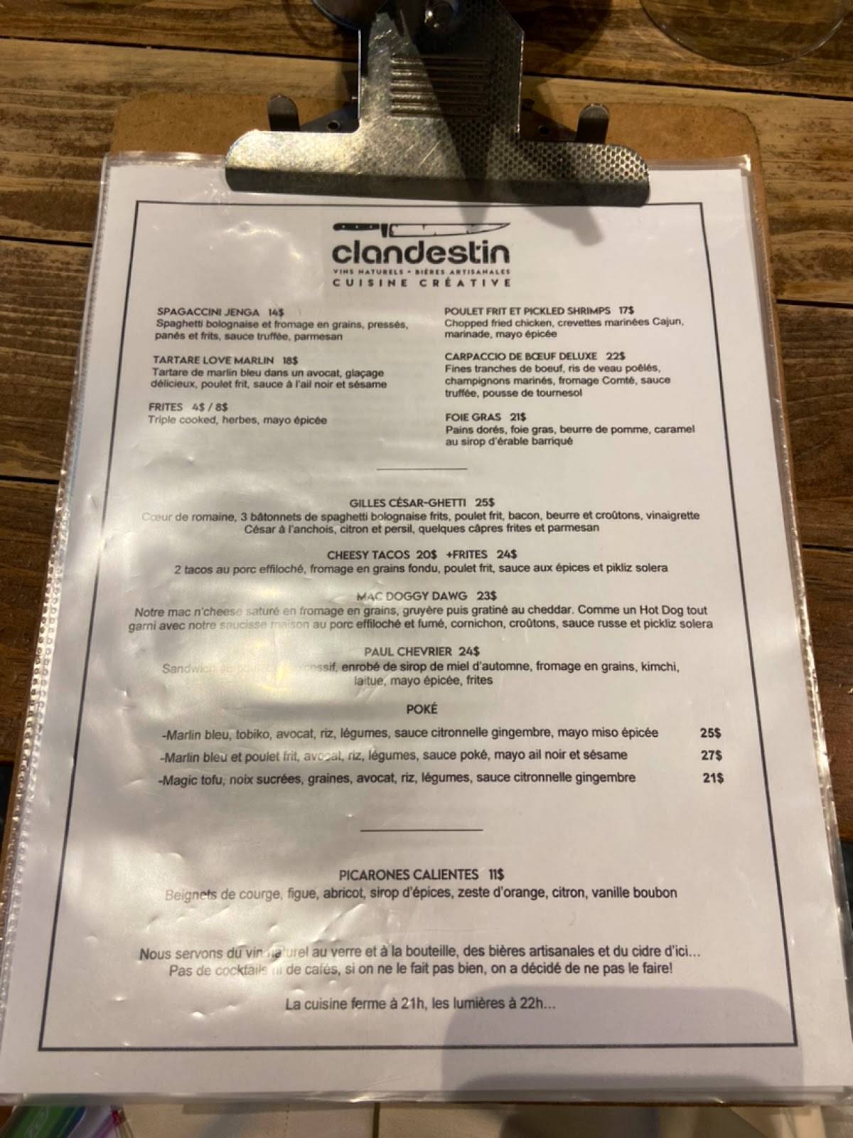 Menu au Clandestin,Cuisine Créative restaurant, Gatineau