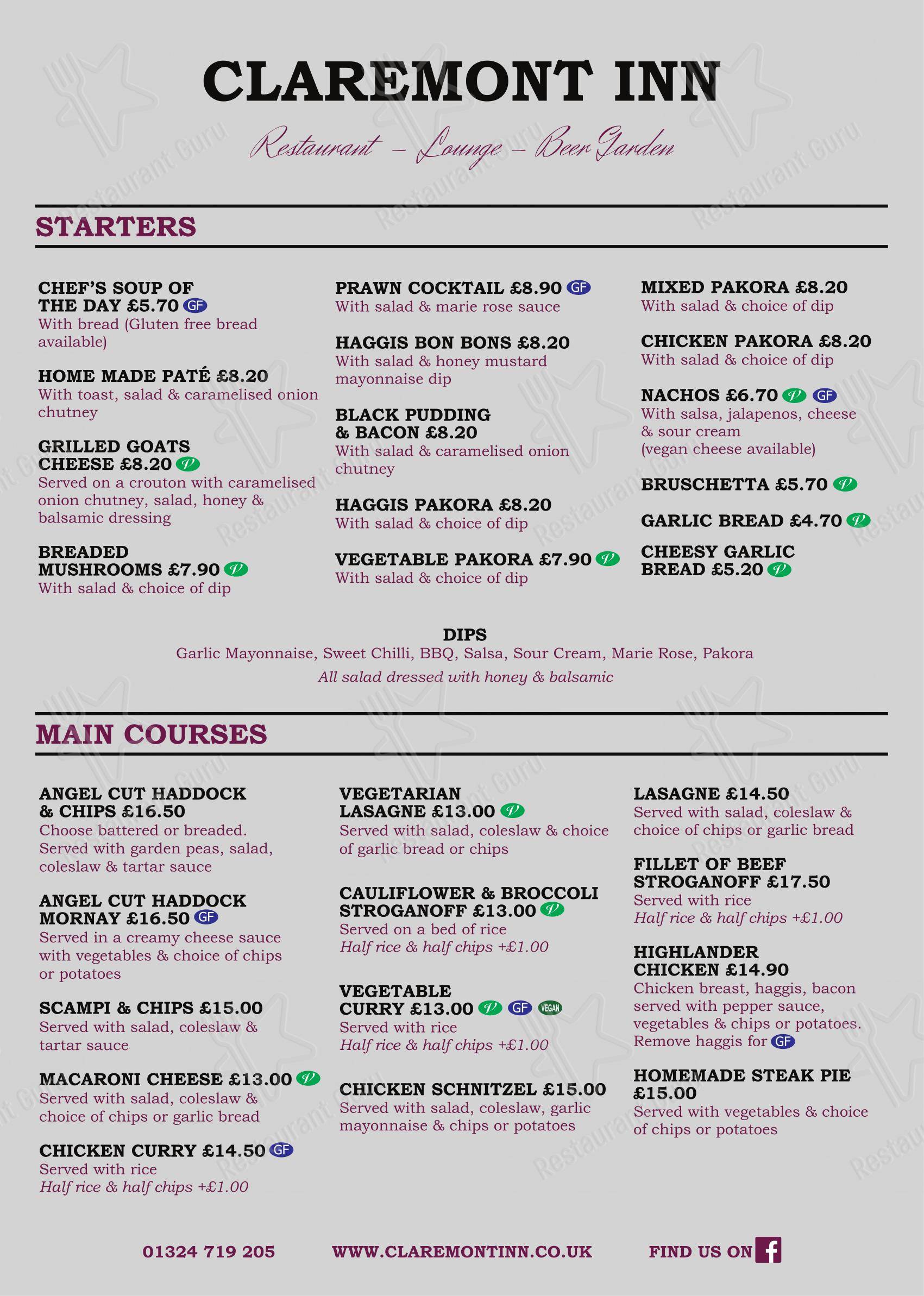 Menu at Claremont Inn pub & bar, Polmont