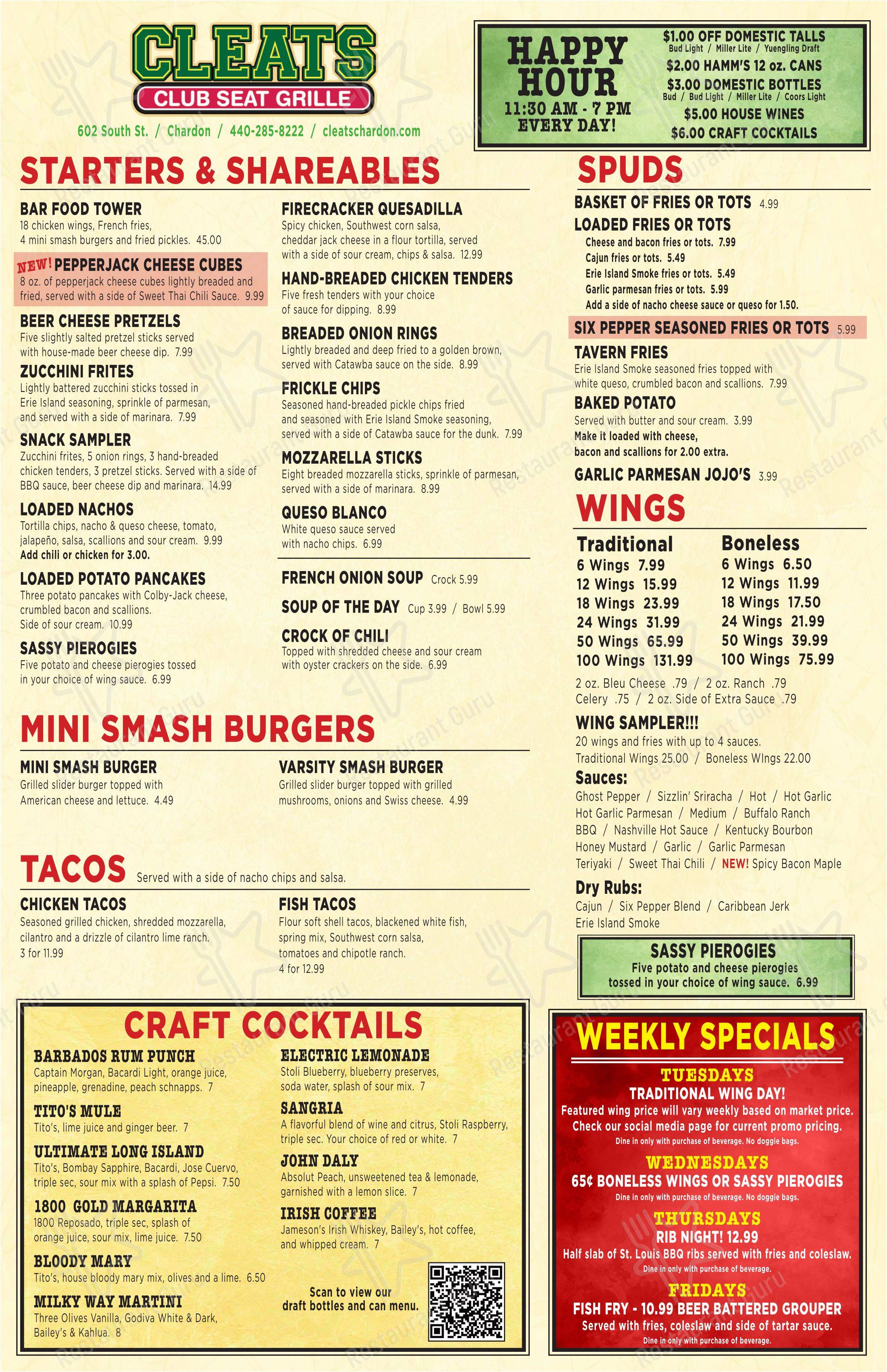 Menu at Cleats Chardon pub & bar, Chardon