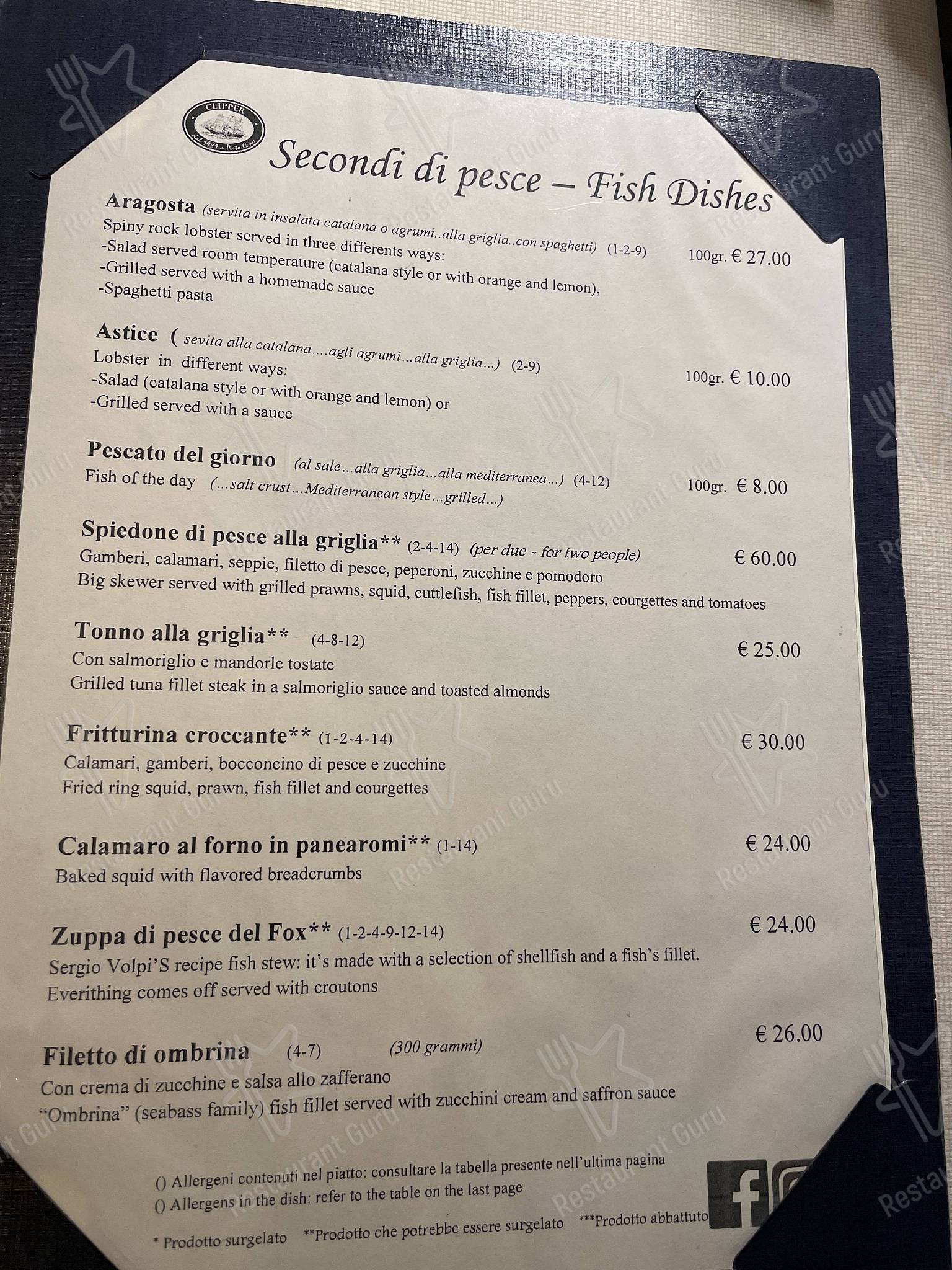 Menu at Clipper Porto Cervo restaurant, Porto Cervo