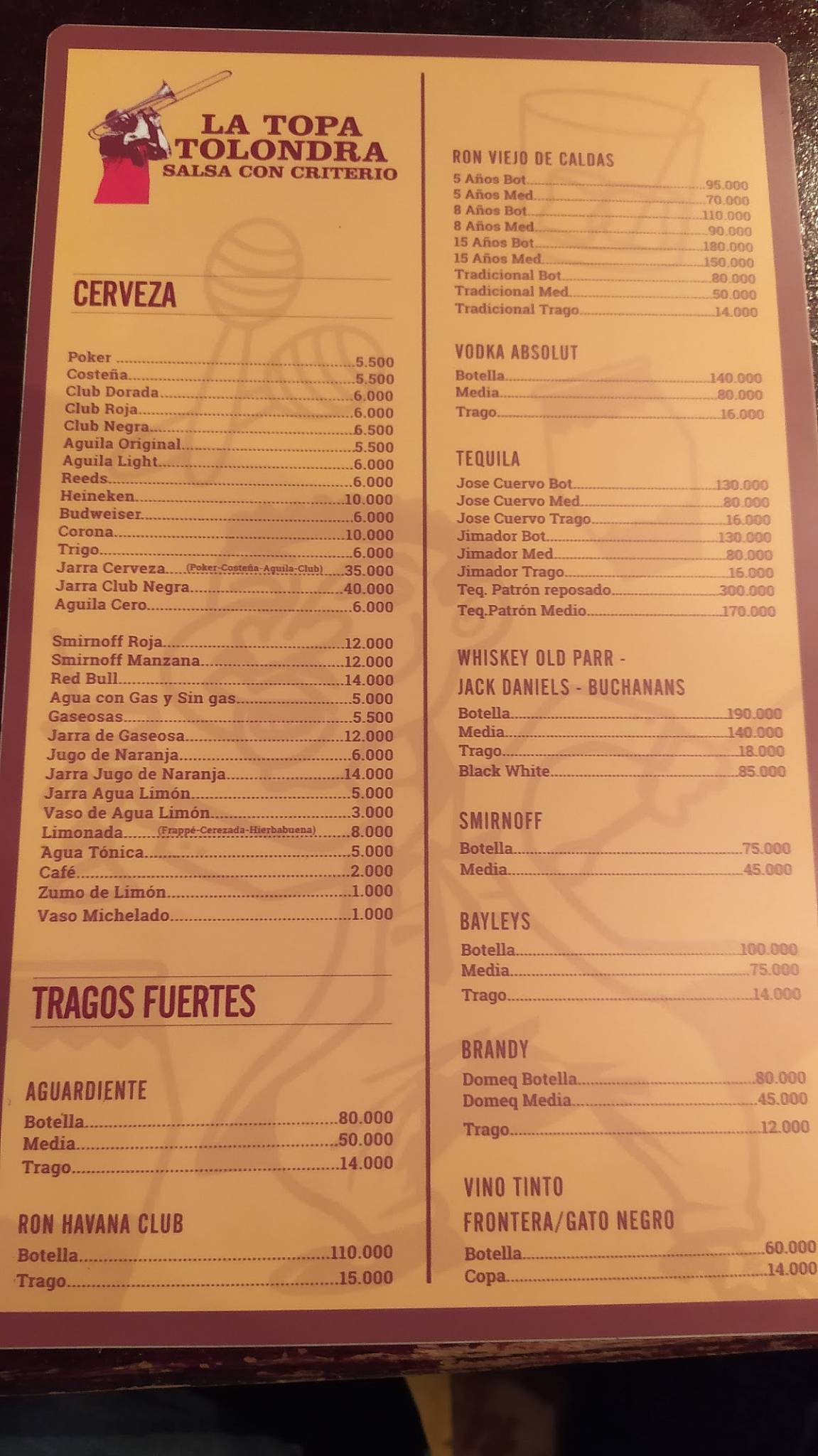 Carta del pub y bar La Topa Tolondra, Cali, Cl. 5 #13-27