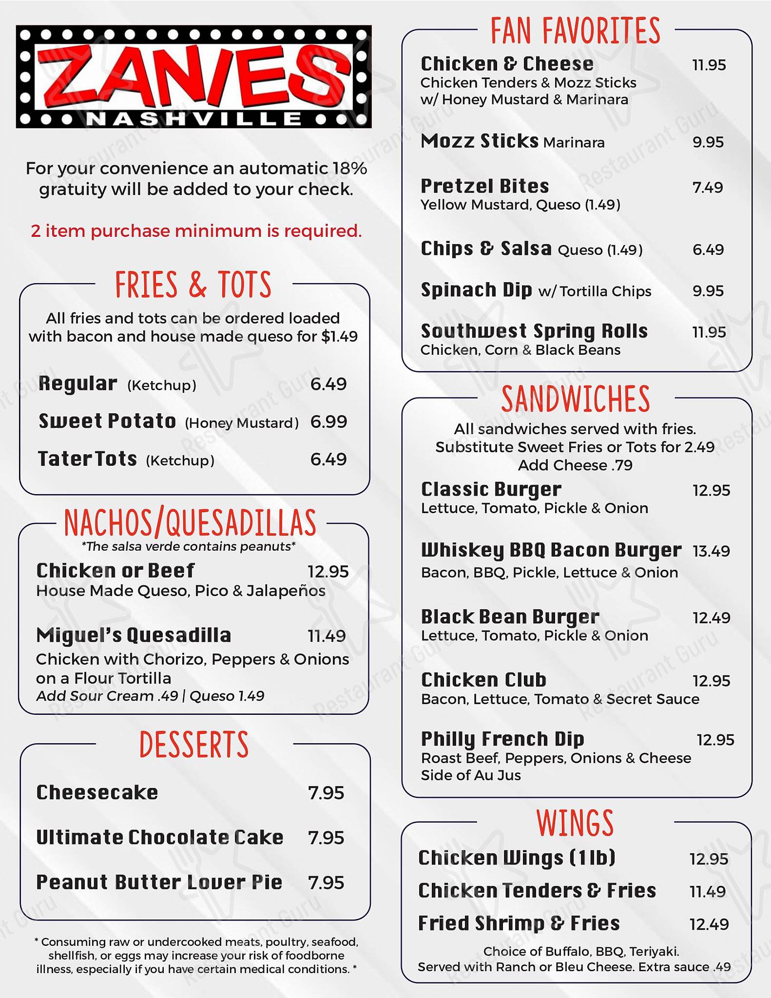Menu at Zanies Comedy Night Club, Nashville