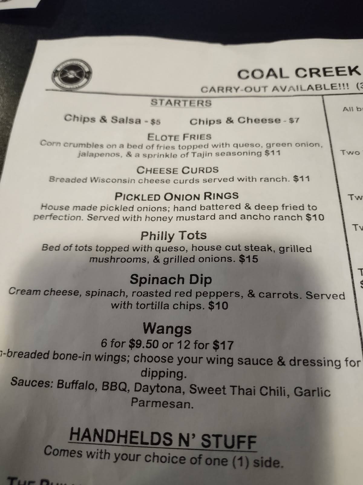 Menu at Coal Creek Inn restaurant, Coal Valley