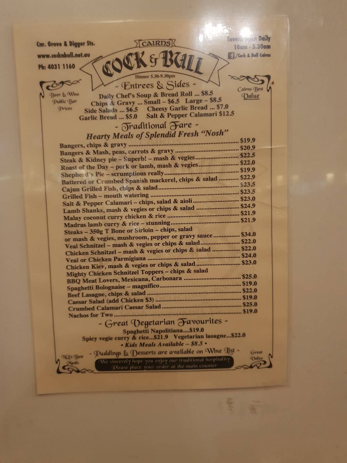 Menu at Cock & Bull restaurant, Cairns North