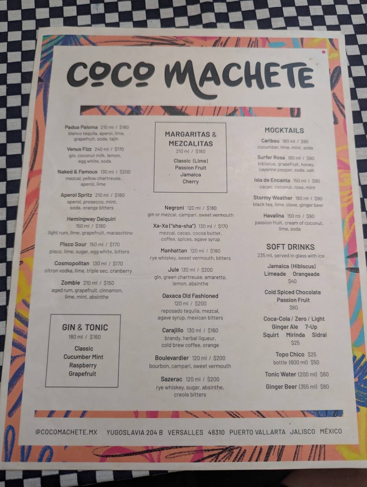 Carta del pub y bar Coco Machete, Puerto Vallarta