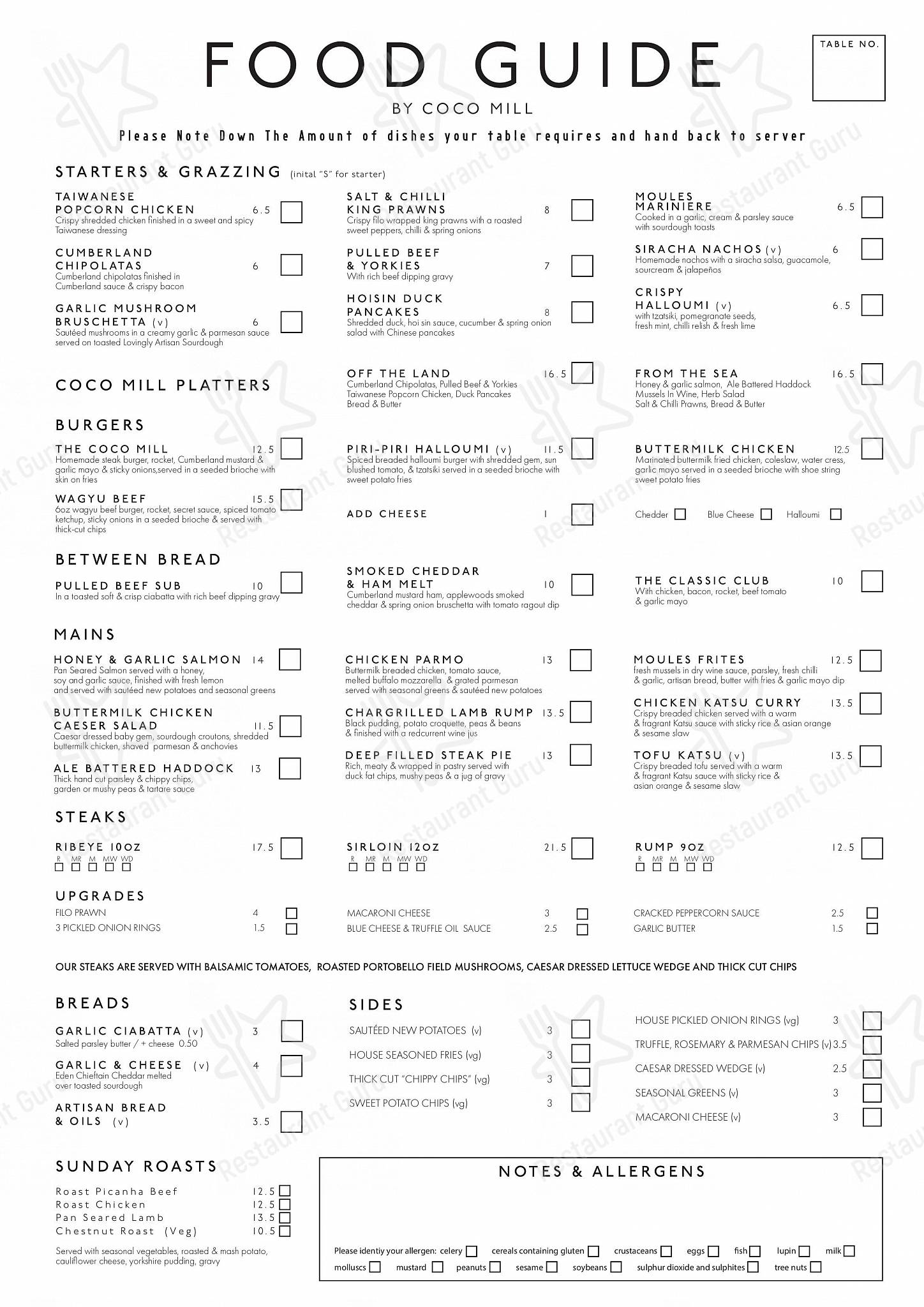 Menu at Coco Mill restaurant, Carlisle