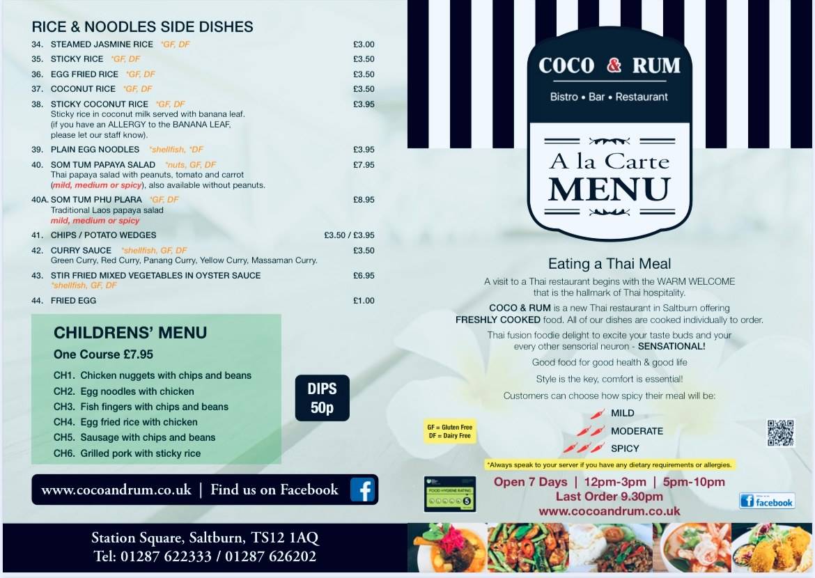 Menu at Coco & Rum restaurant, Saltburn-by-the-Sea