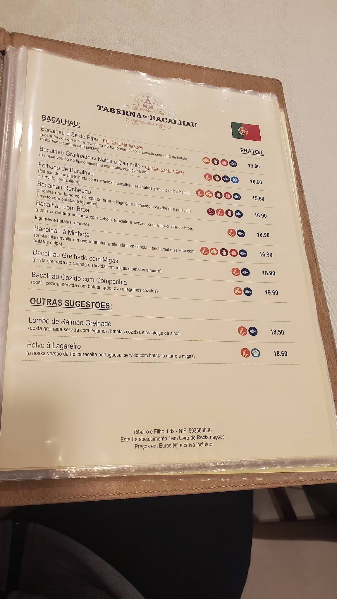 Menu em Taberna do Bacalhau restaurante, Fátima