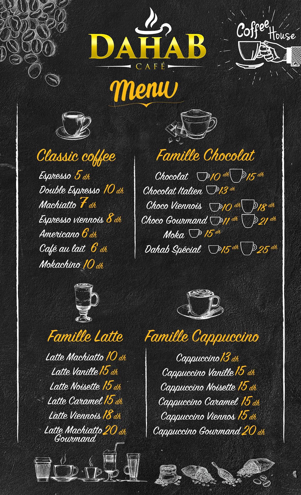 Menu au Coffee Shop DAHAB, Meknes