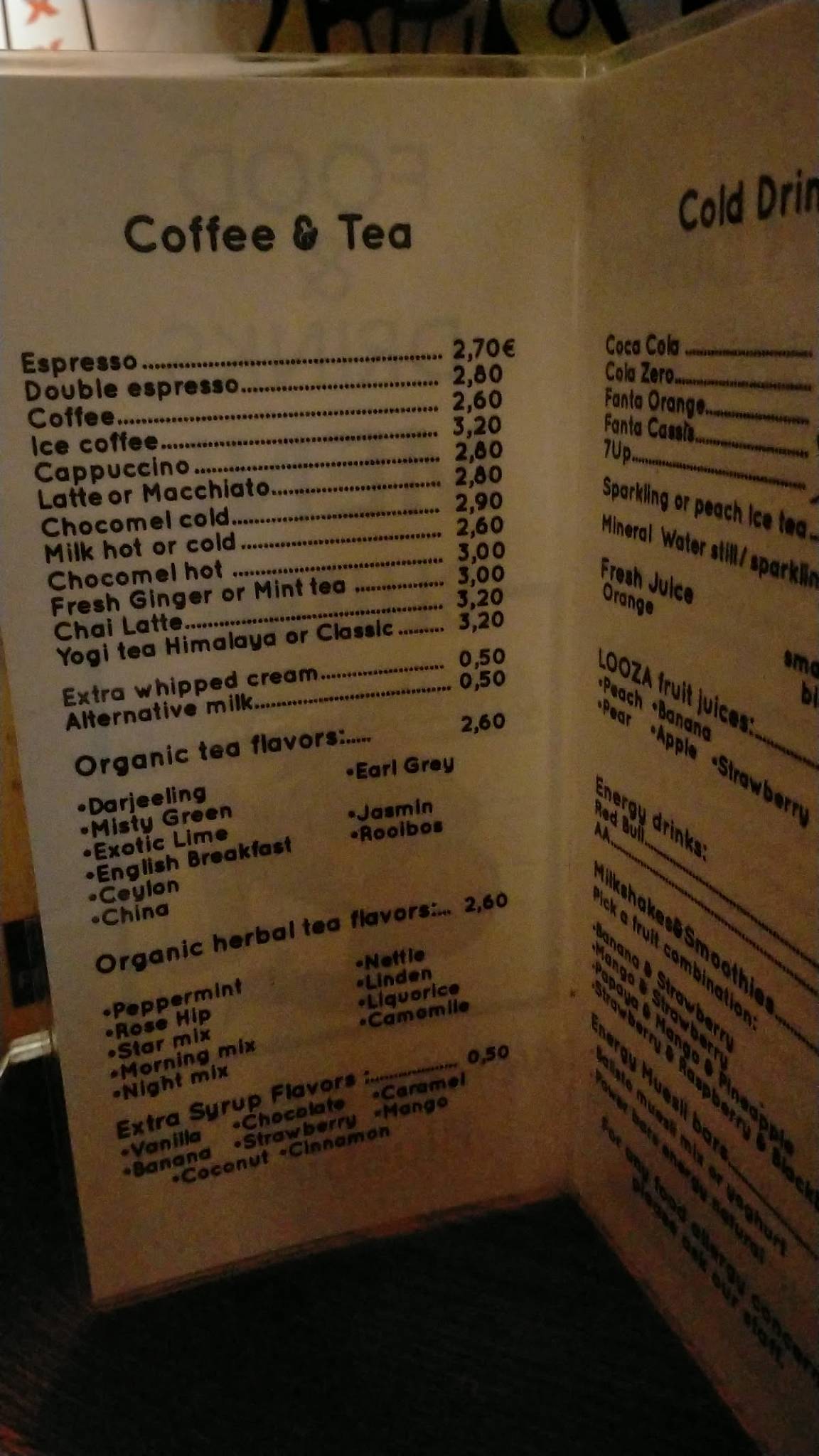 Menu at Coffeeshop Bluebird, Amsterdam, Sint Antoniesbreestraat 71