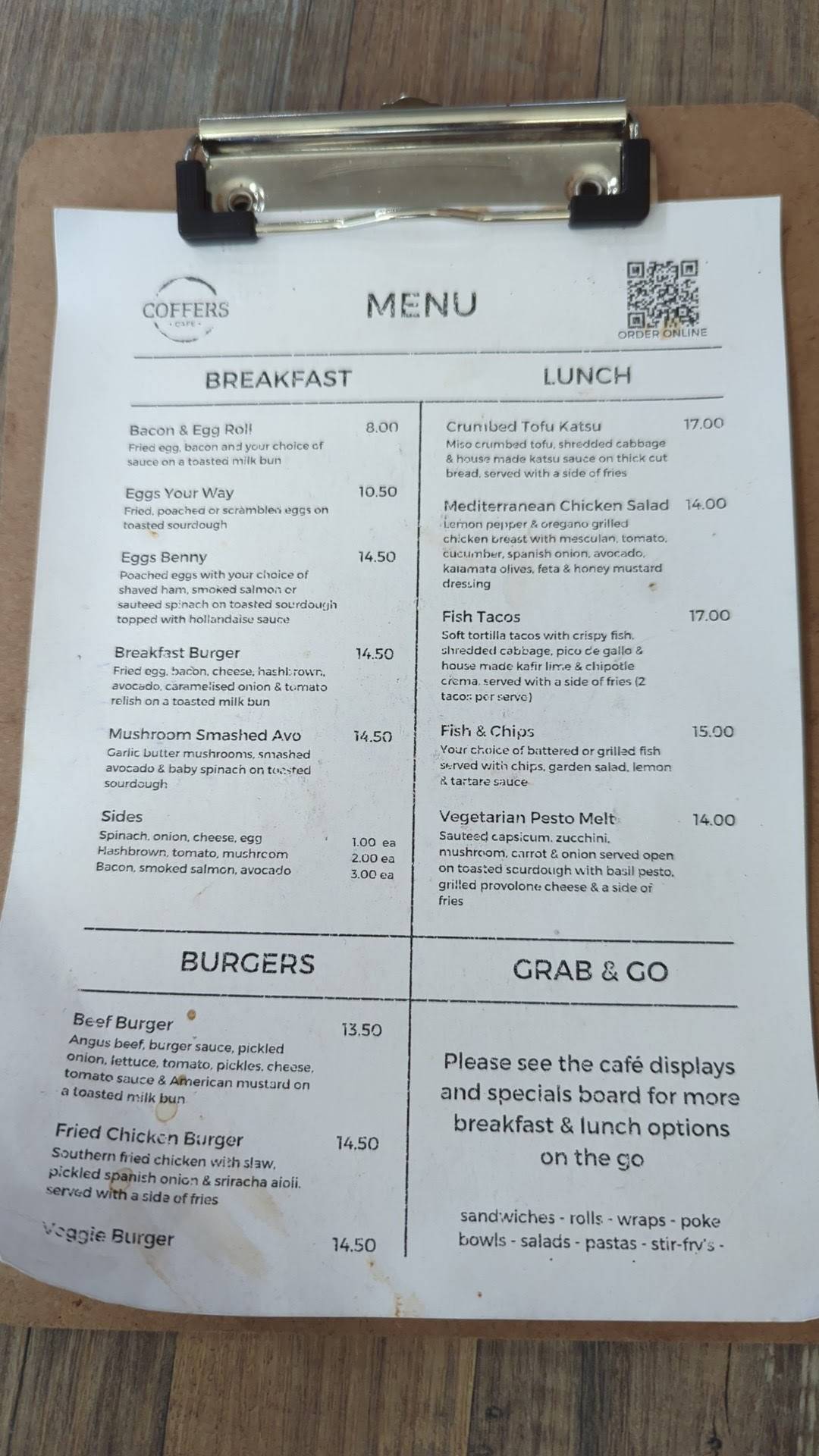 Menu at Coffers Cafe, Parkes