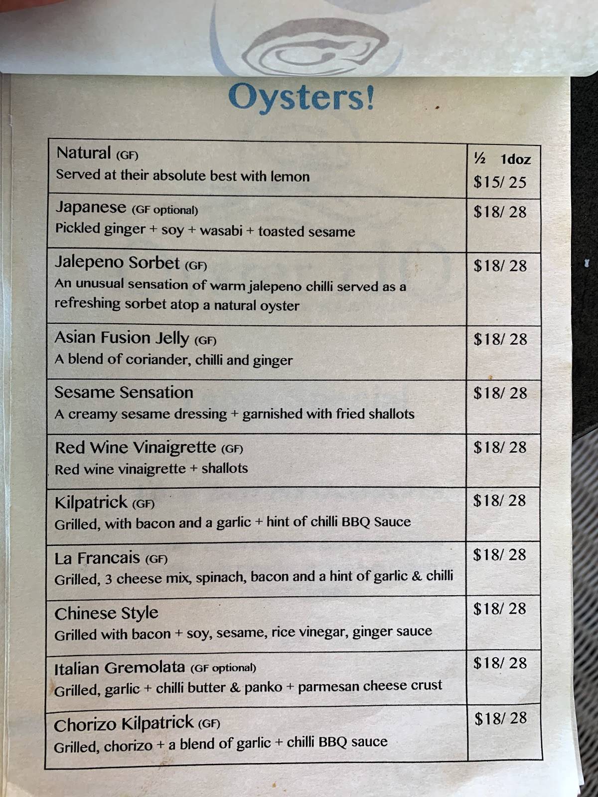 Menu at Oyster HQ restaurant, Coffin Bay