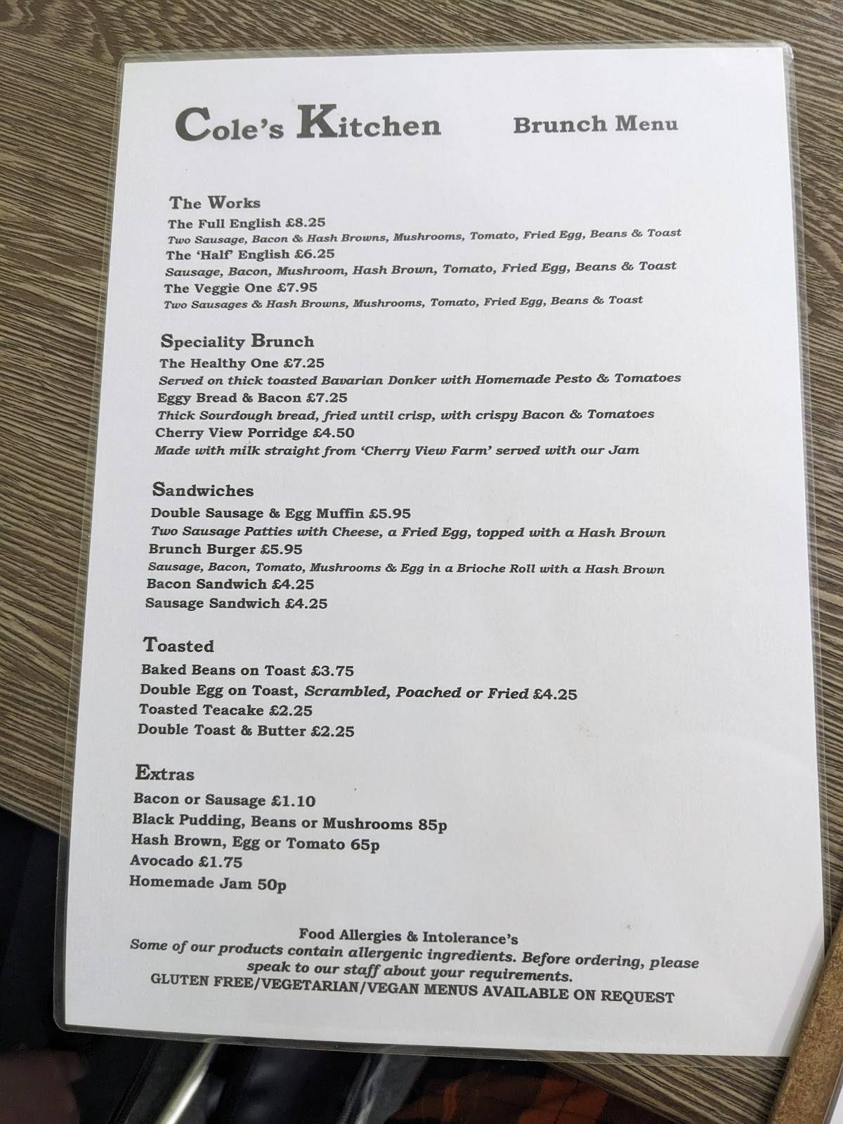 Menu at Cole’s Kitchen cafe, Beverley