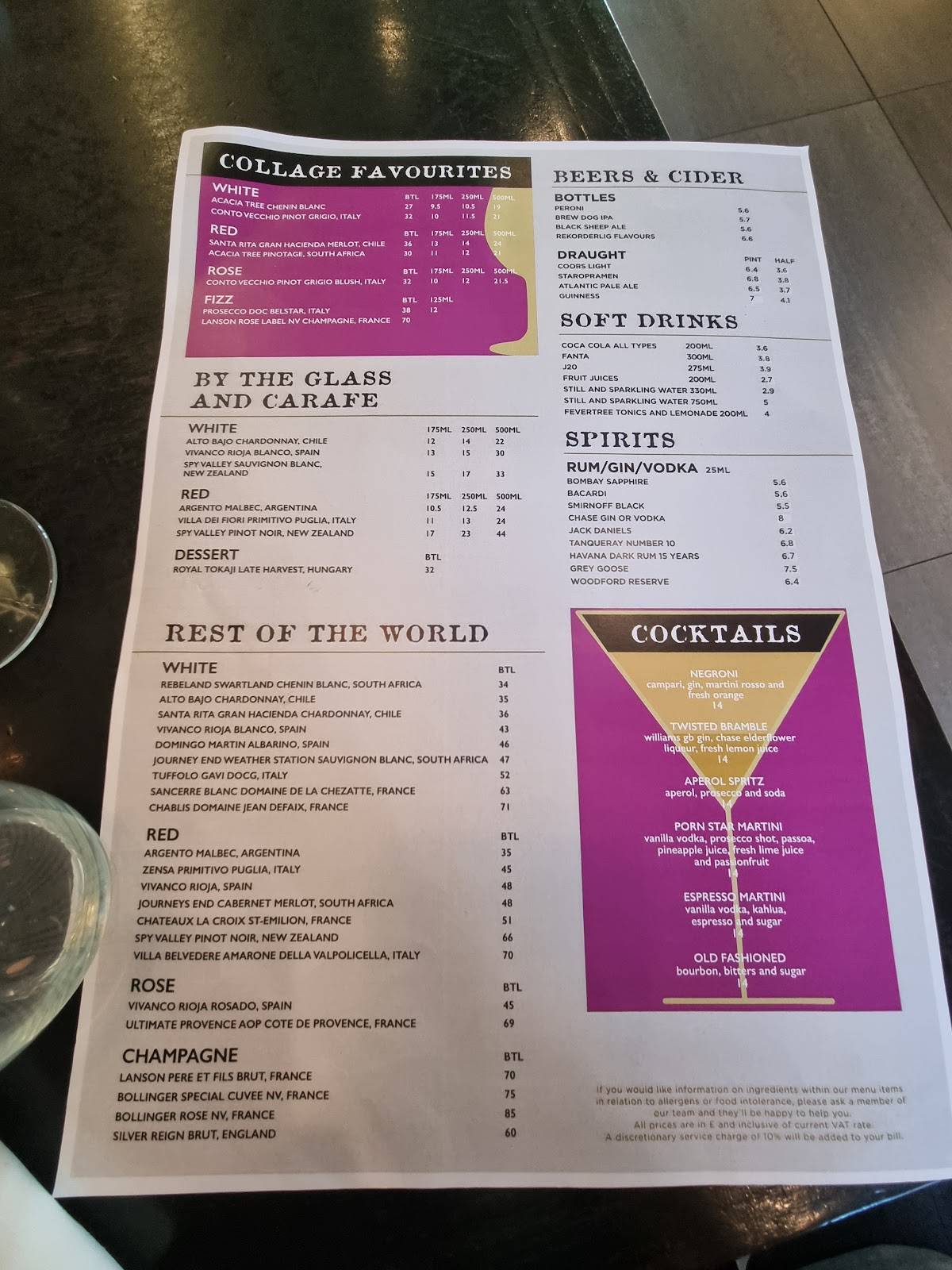 Menu at Collage Restaurant, Ringway
