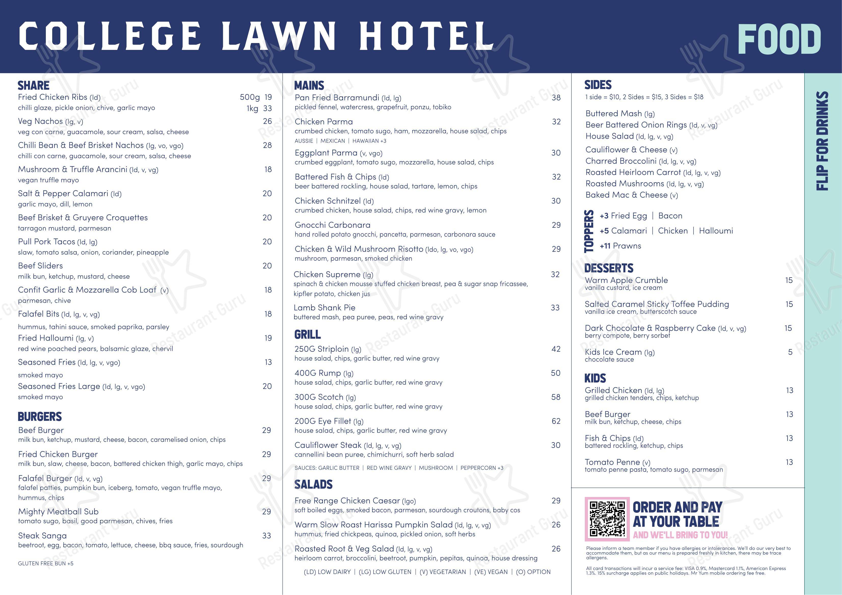 Menu at College Lawn Hotel pub & bar, Prahran