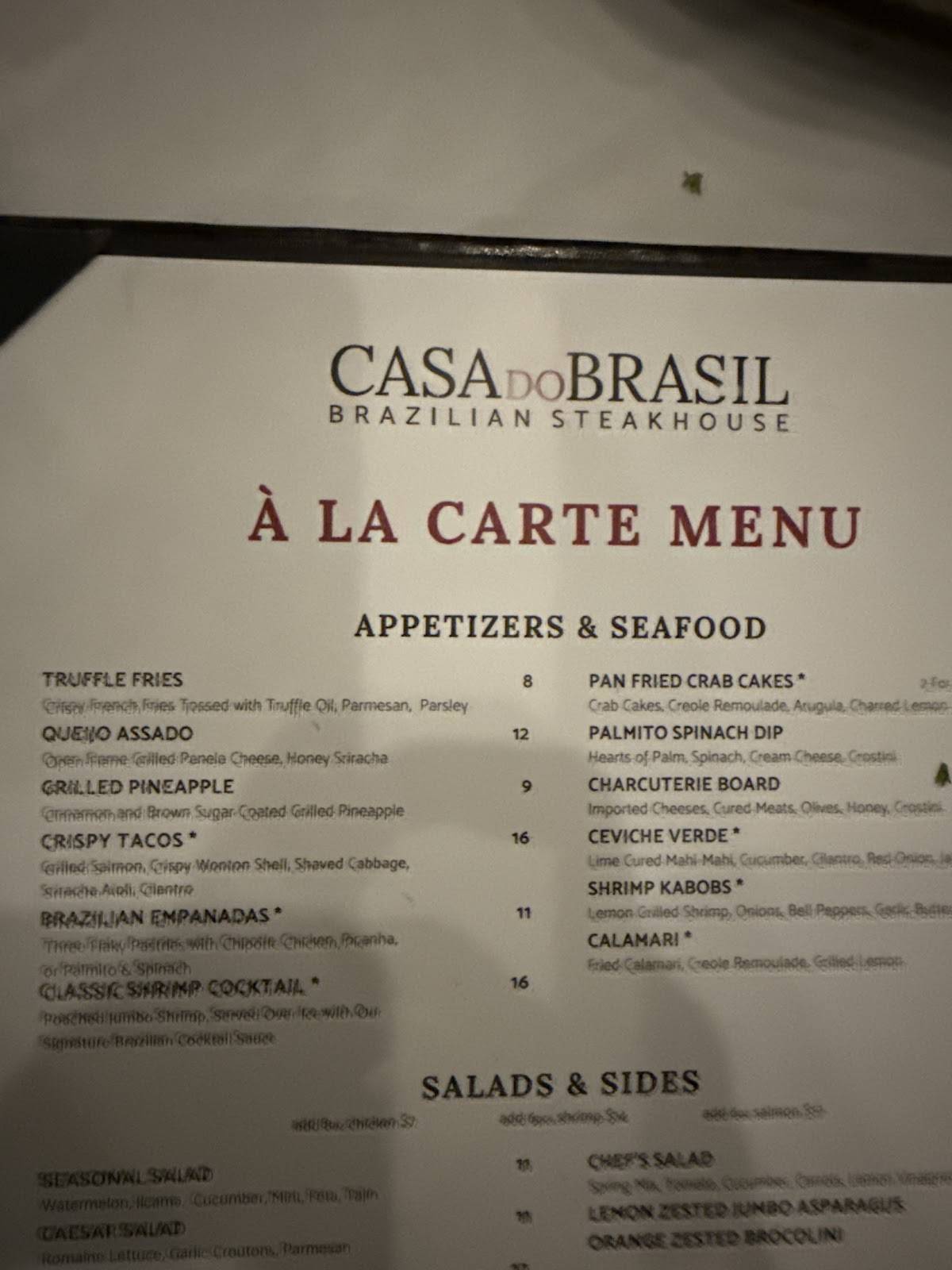 Menu at Casa do Brasil steakhouse, College Station