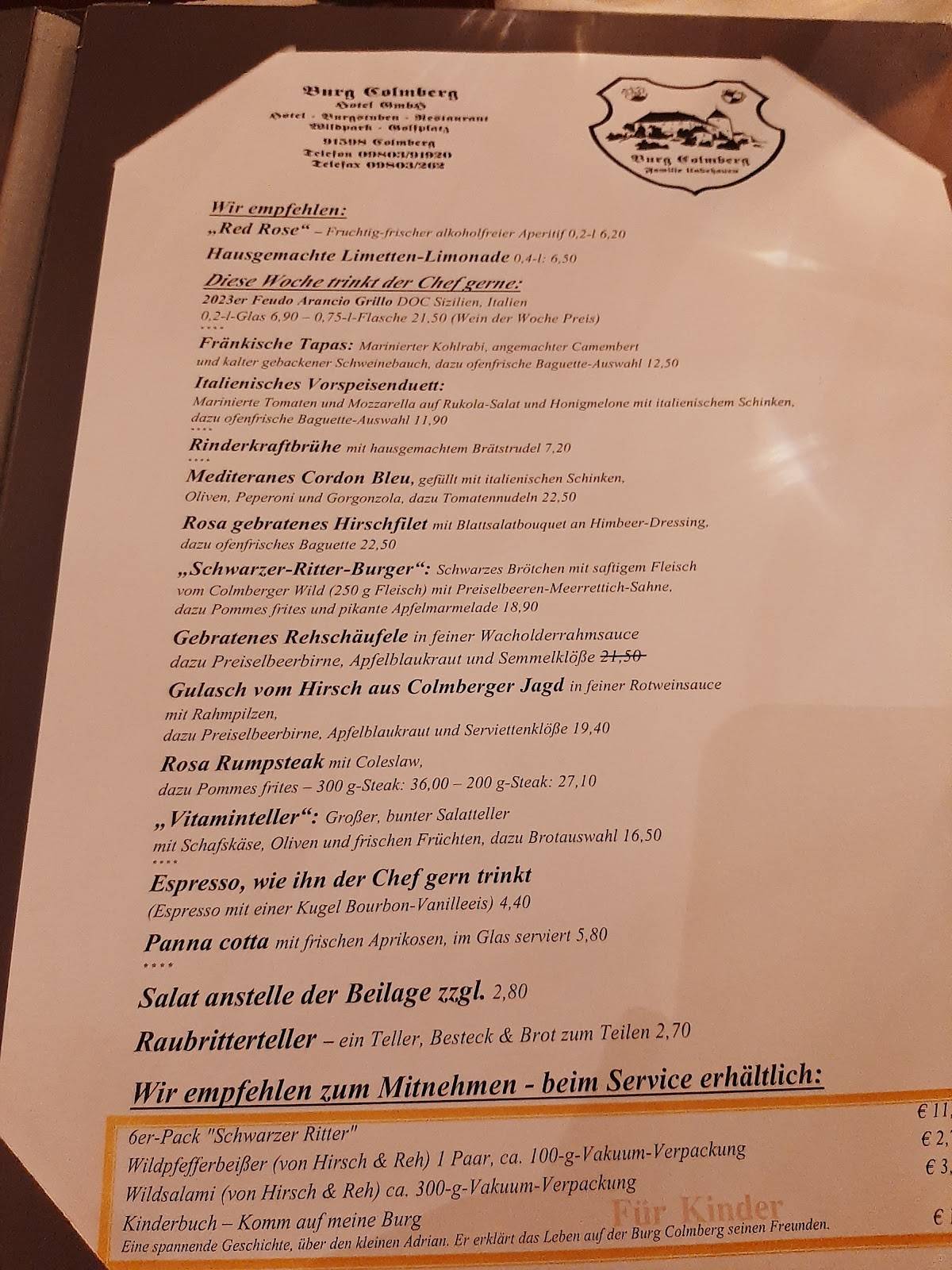 Speisekarte von Burg Colmberg Hotel & Restaurant, Colmberg, An der ...
