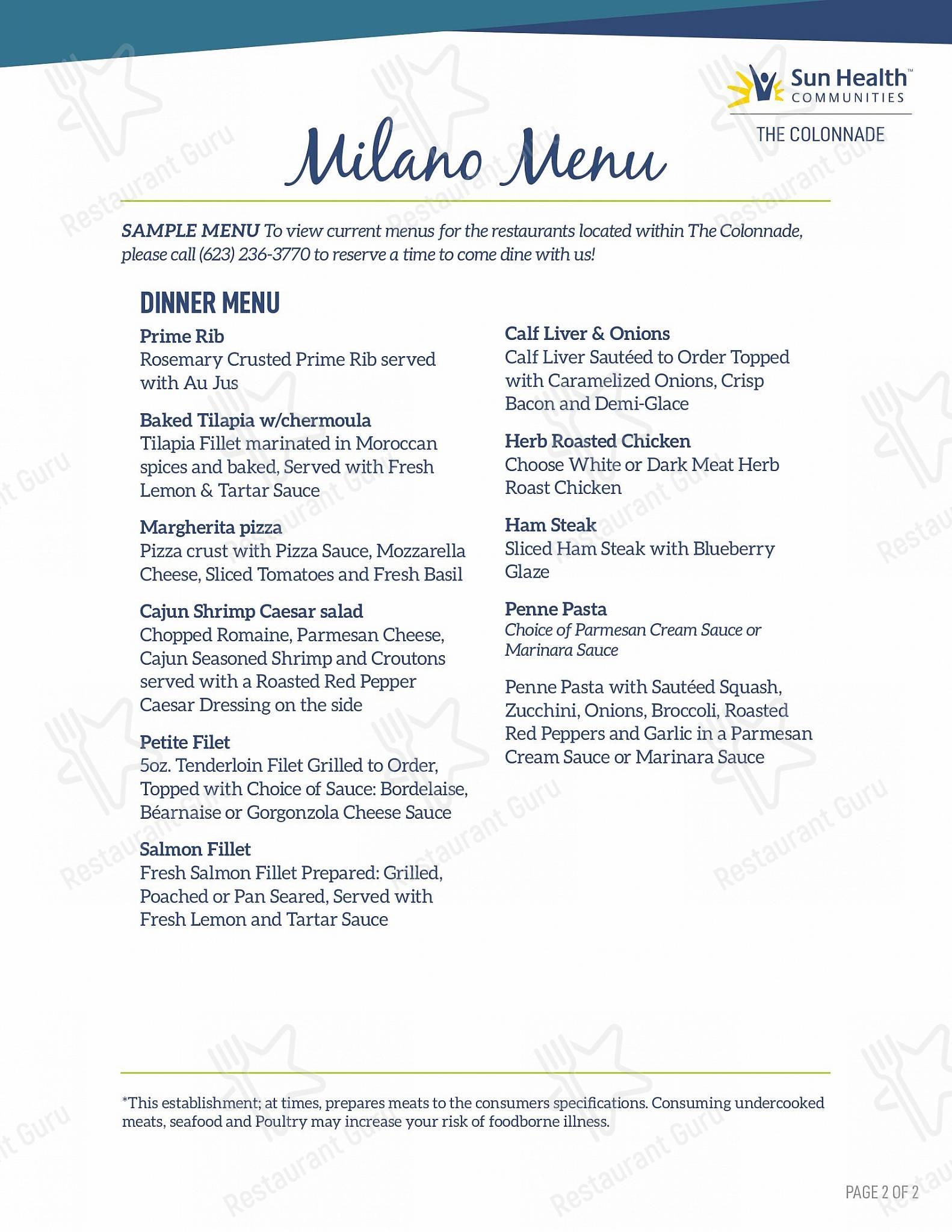 Menu at Colonnade Bistro cafe, Surprise