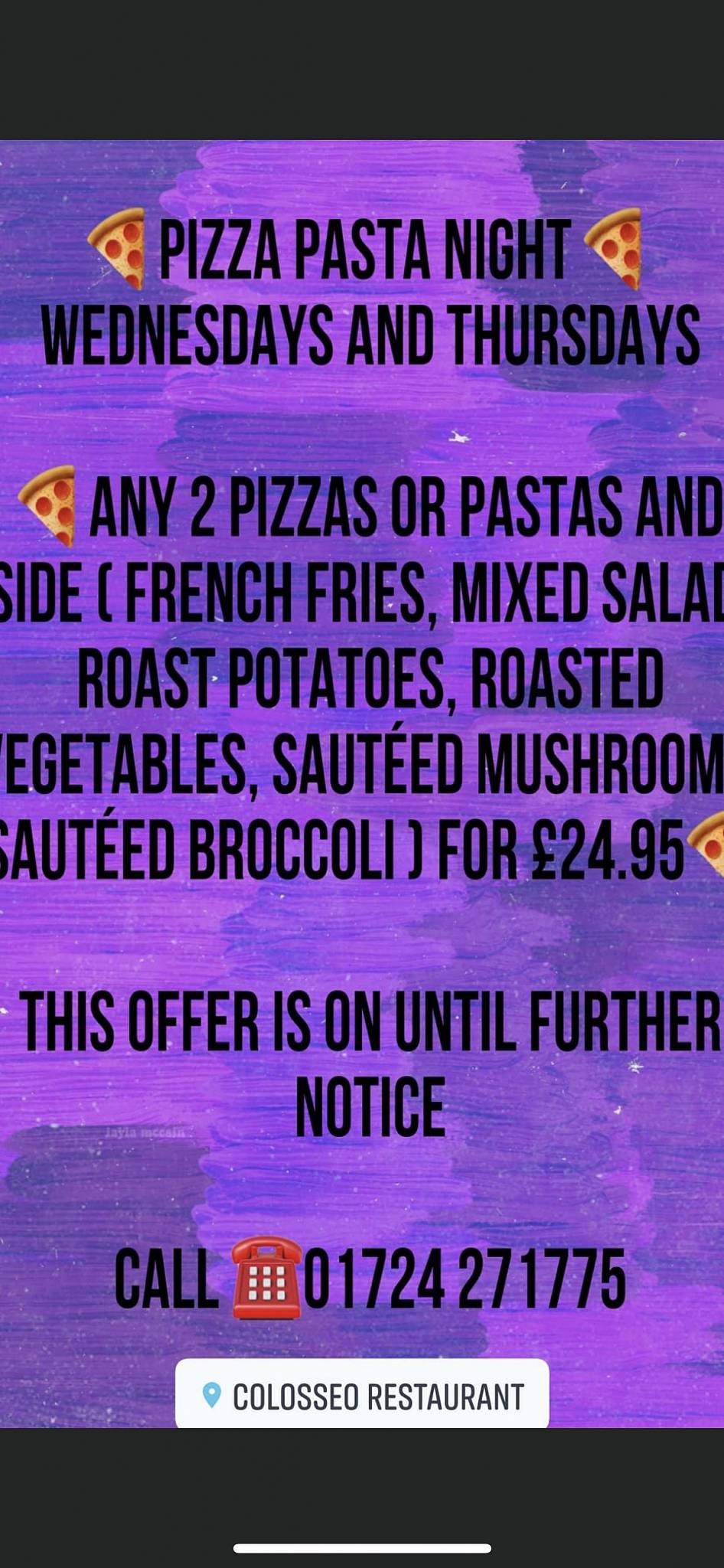 Menu at Colosseo restaurant, Scunthorpe