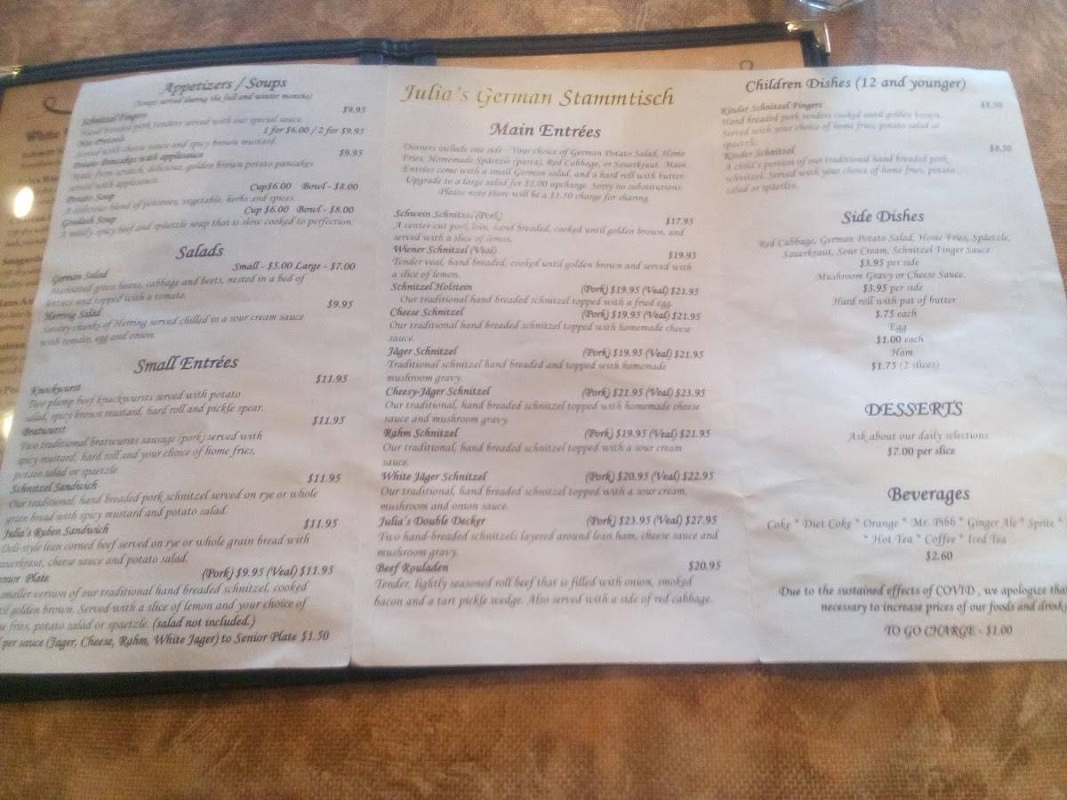 Menu at Julia's German Stammtisch restaurant, Columbia, 120 ...