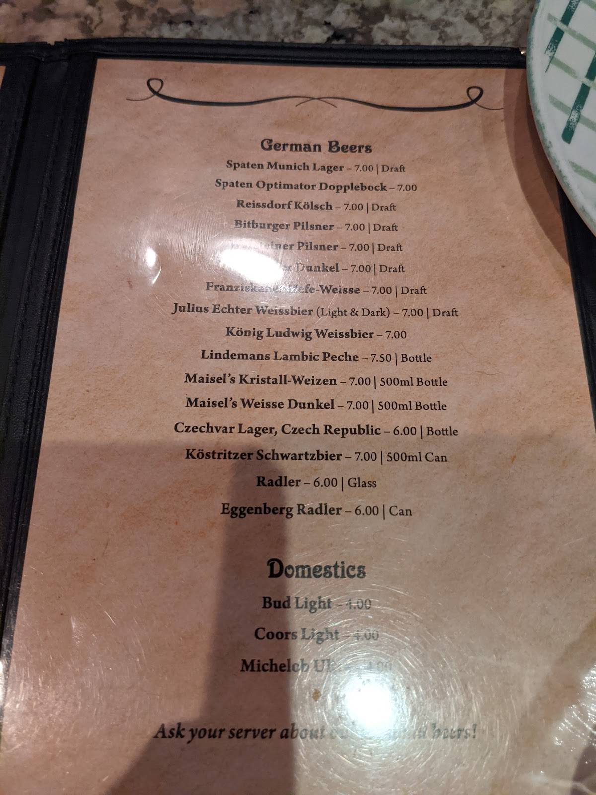 Menu at Julia's German Stammtisch restaurant, Columbia, 120 ...
