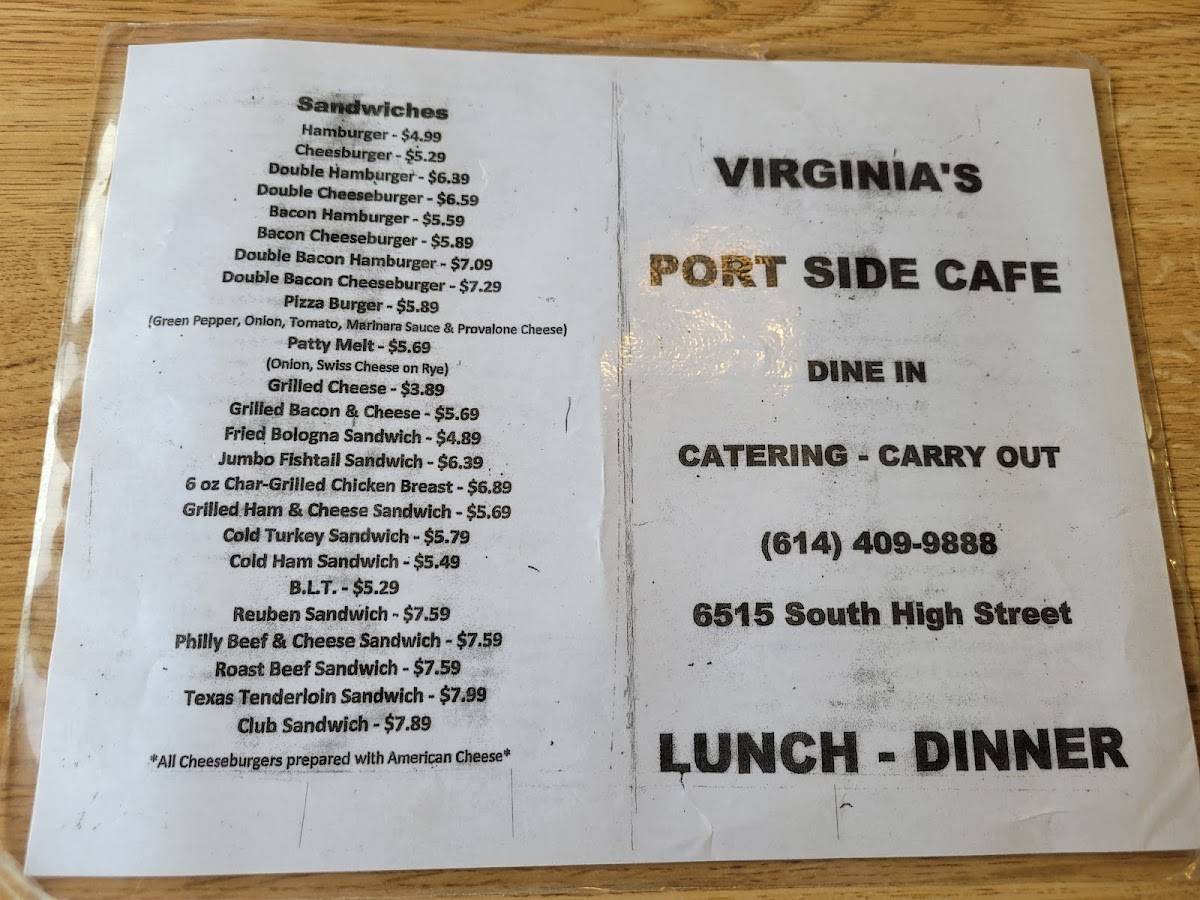 Menu at Portside Cafe, Lockbourne