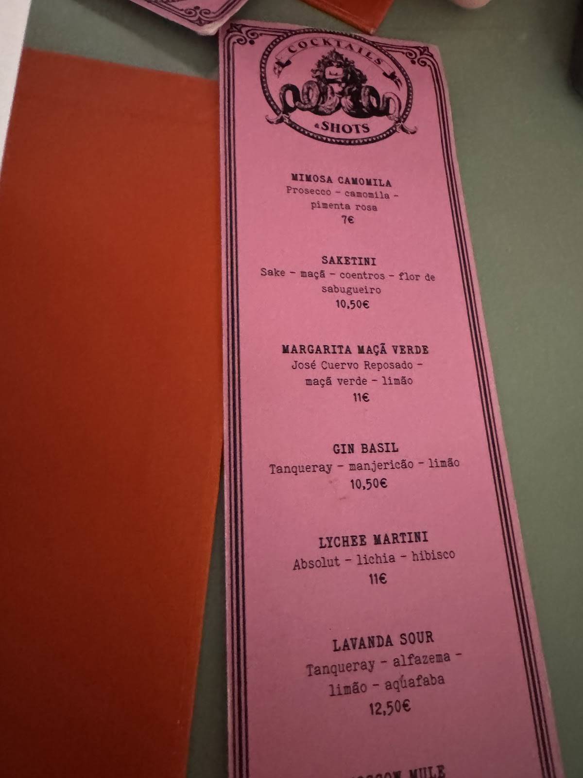 Menu at Comadre restaurant, Lisbon