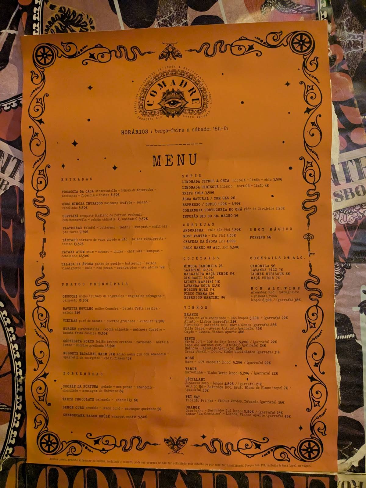Menu at Comadre restaurant, Lisbon
