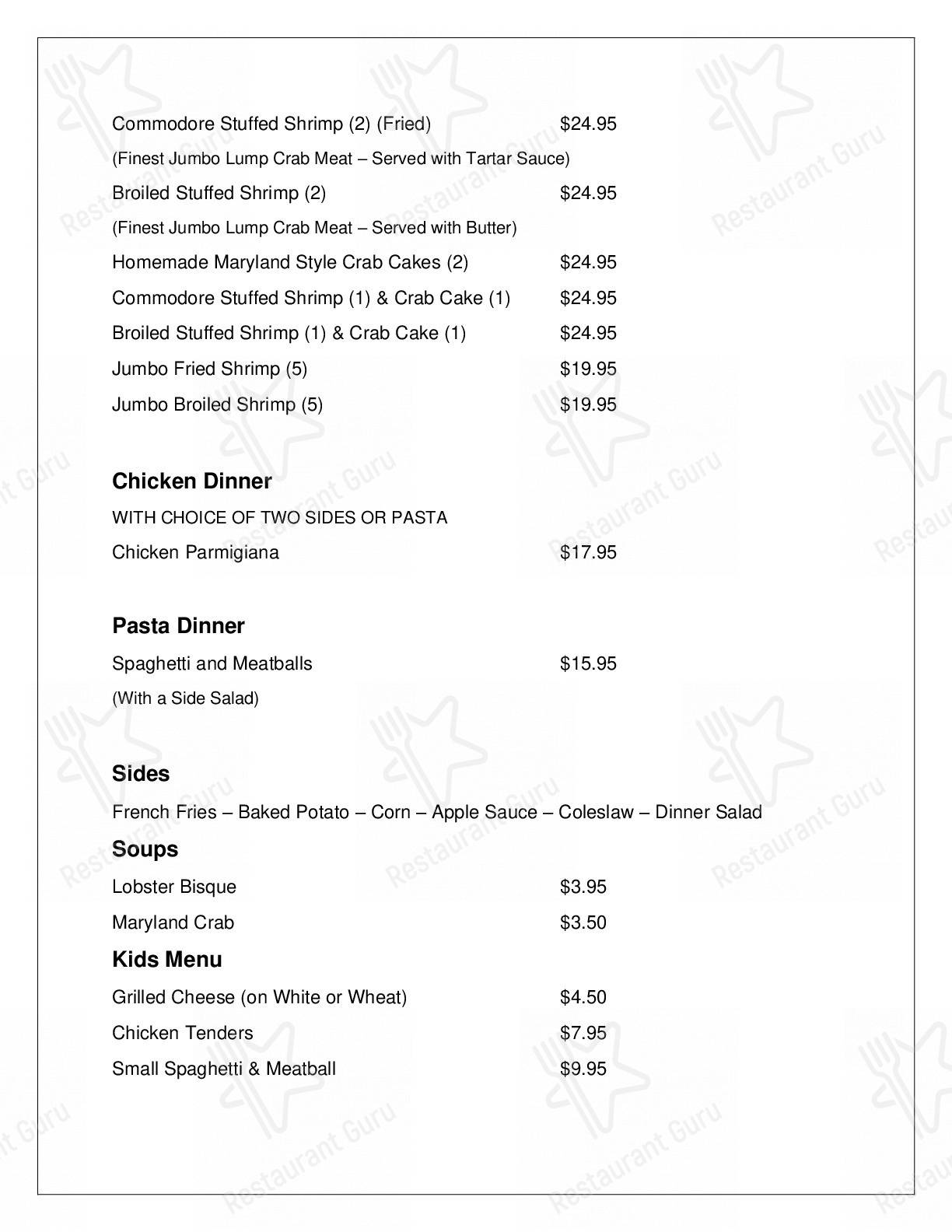 Menu at Commodore Club, Sea Isle City