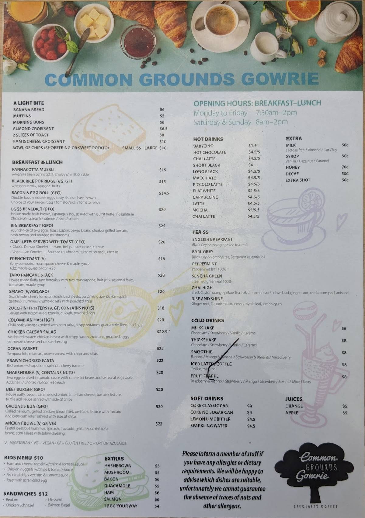 Menu at Common Grounds Corner cafe, Gowrie