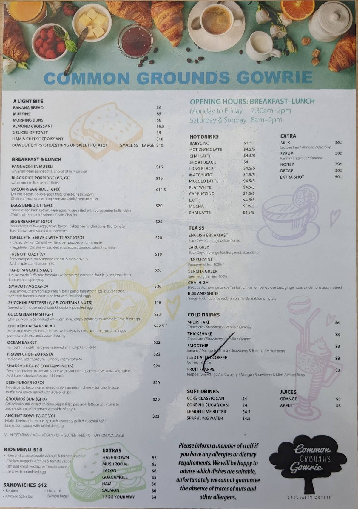 Menu at Common Grounds Corner cafe, Gowrie