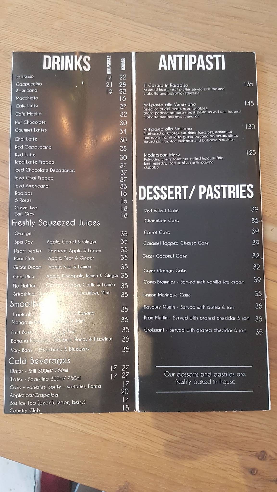 Menu at Como Caffé cafe, Port Elizabeth