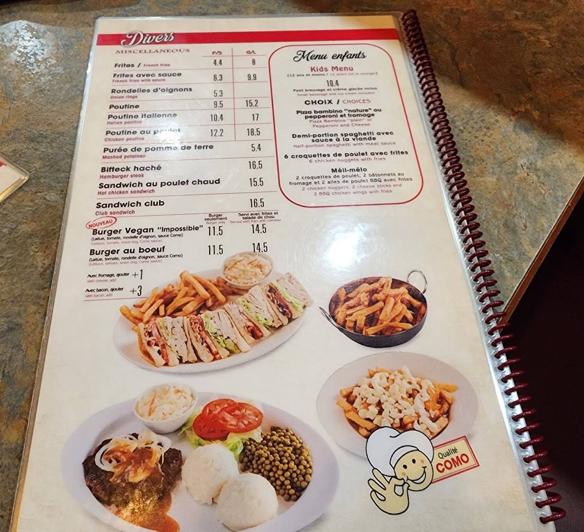 Menu au Como Pizzeria, La Prairie
