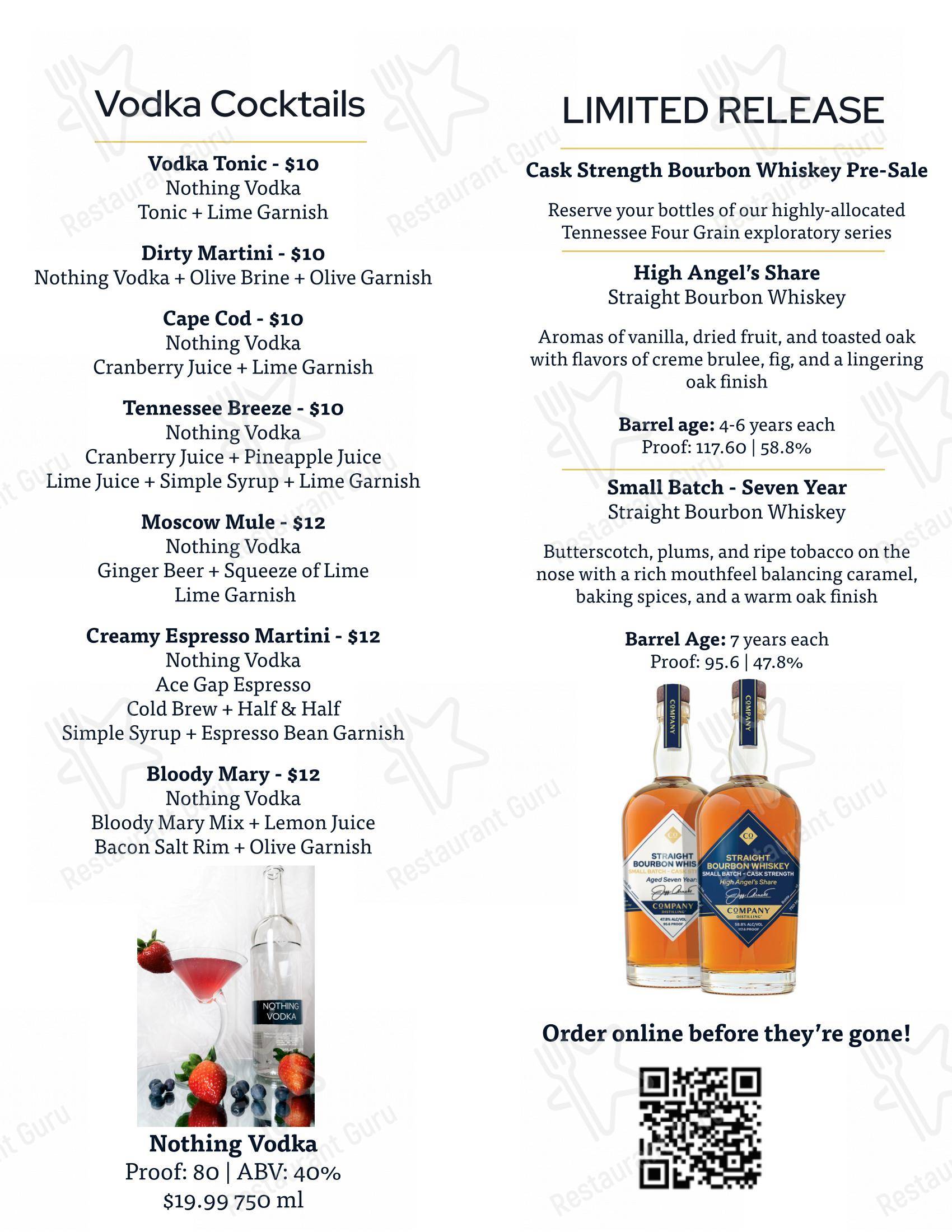Menu at Company Distilling, Townsend