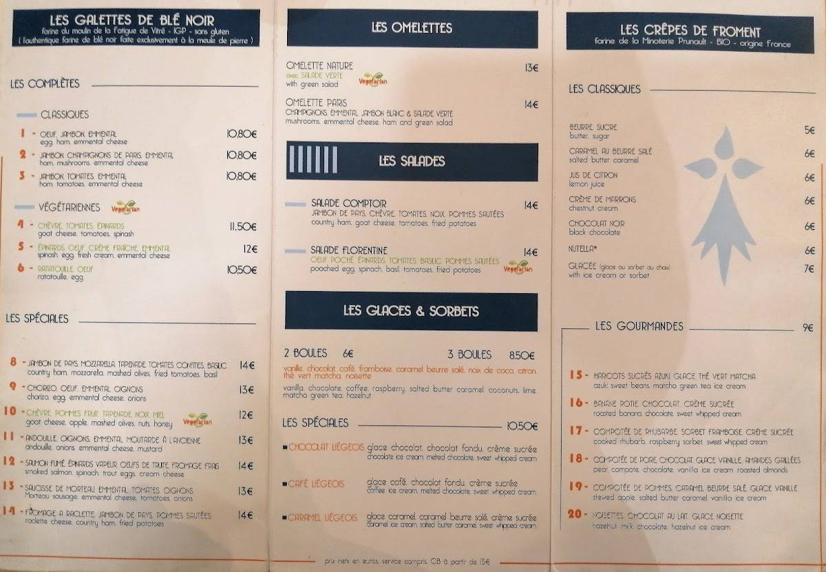 Menu au Comptoir Breizh Créperie restaurant, Paris, Face au métro Abbesses
