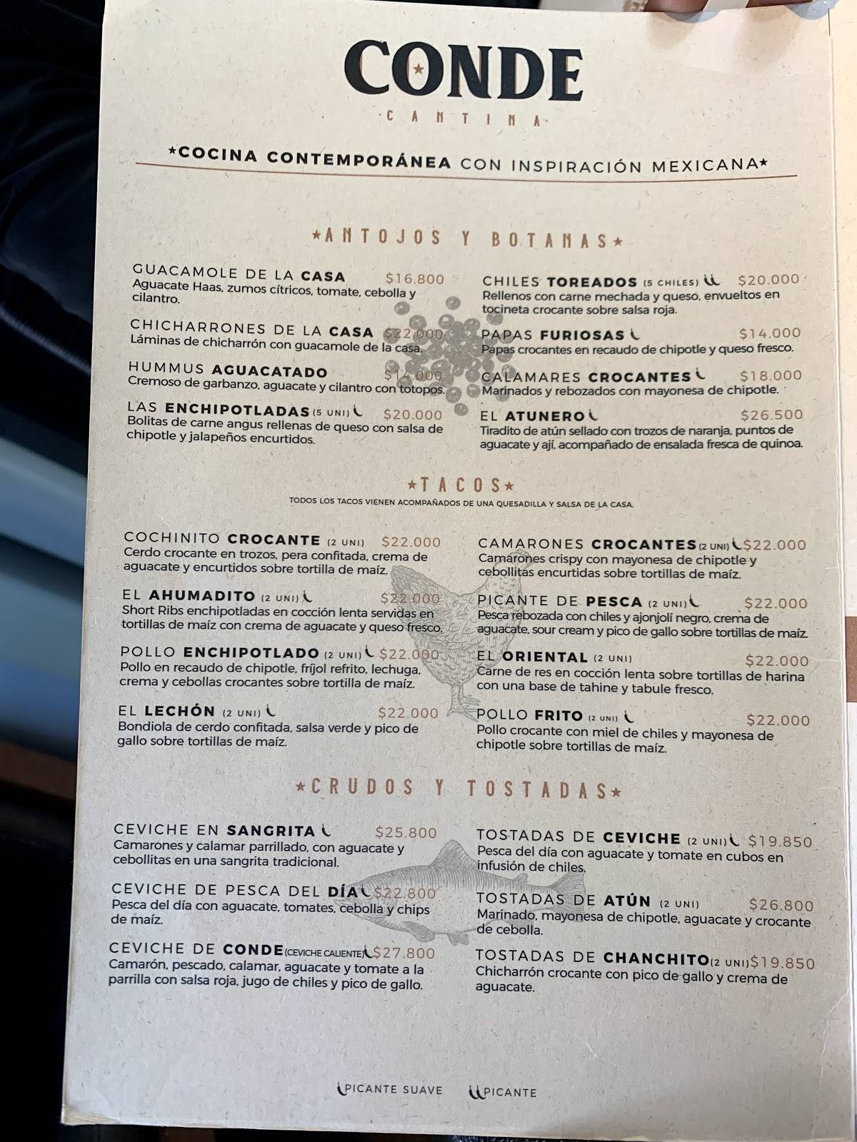 Carta del restaurante Conde Cantina, Bogotá
