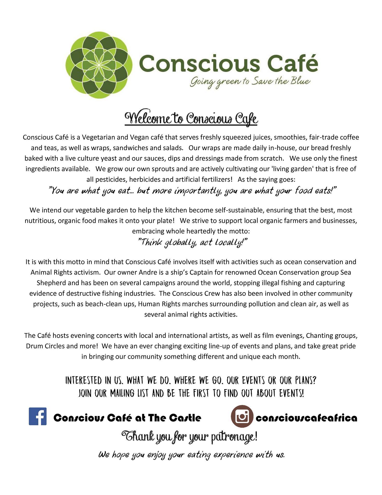 Menu at Conscious Cafe., Outer West Durban