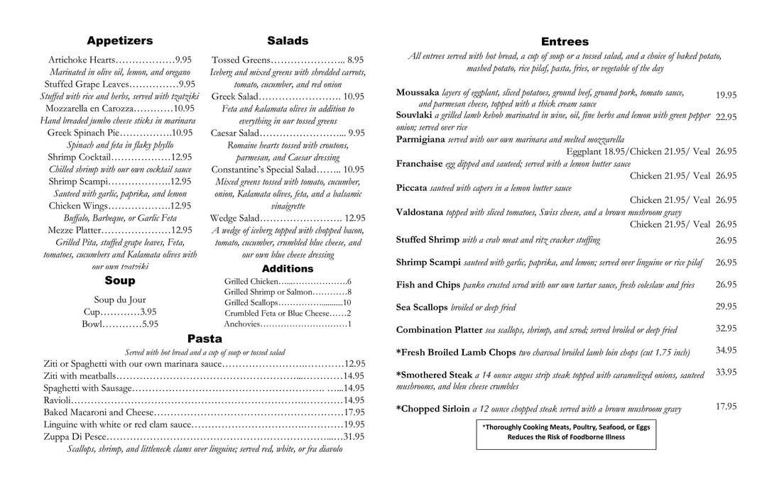 Menu at Constantine's Restaurant, Woodbury