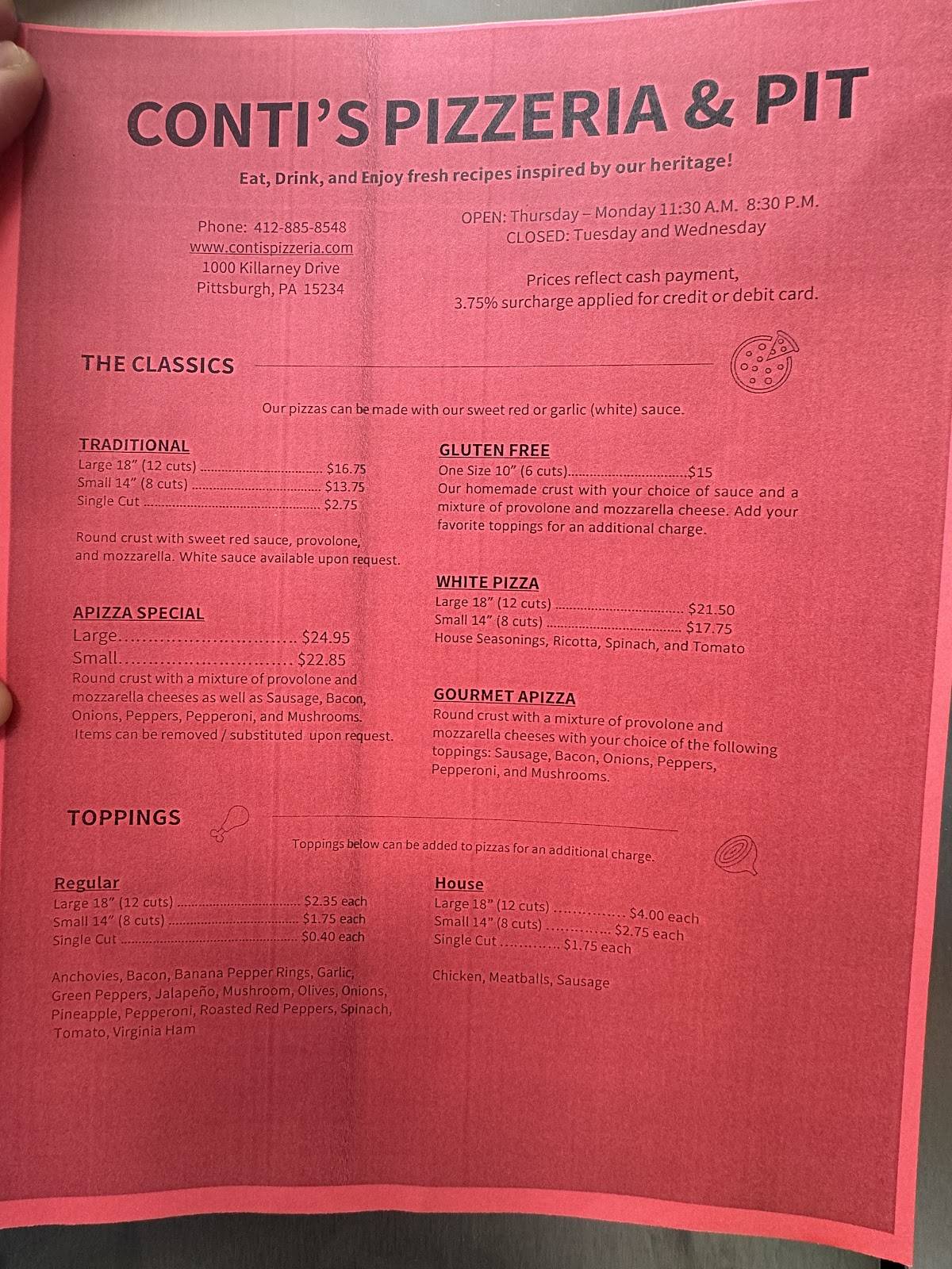 Menu at Conti’s Pizzeria & Pit, Pittsburgh