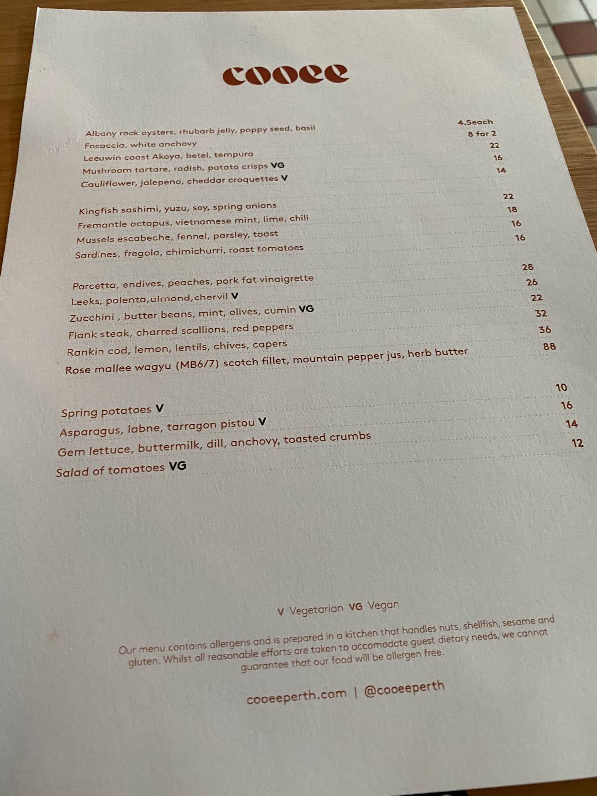 Menu at Cooee restaurant, Perth