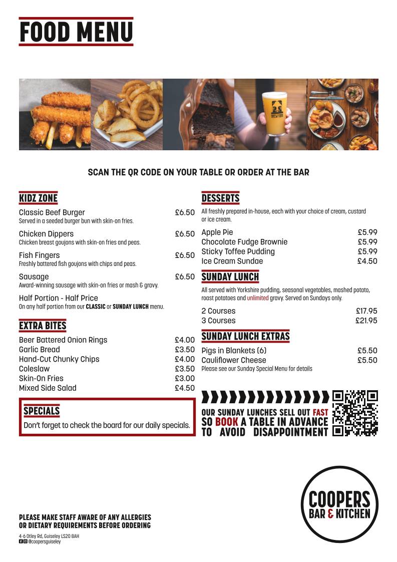 Menu at Coopers Bar & Kitchen, Leeds, 4-6 Otley Rd