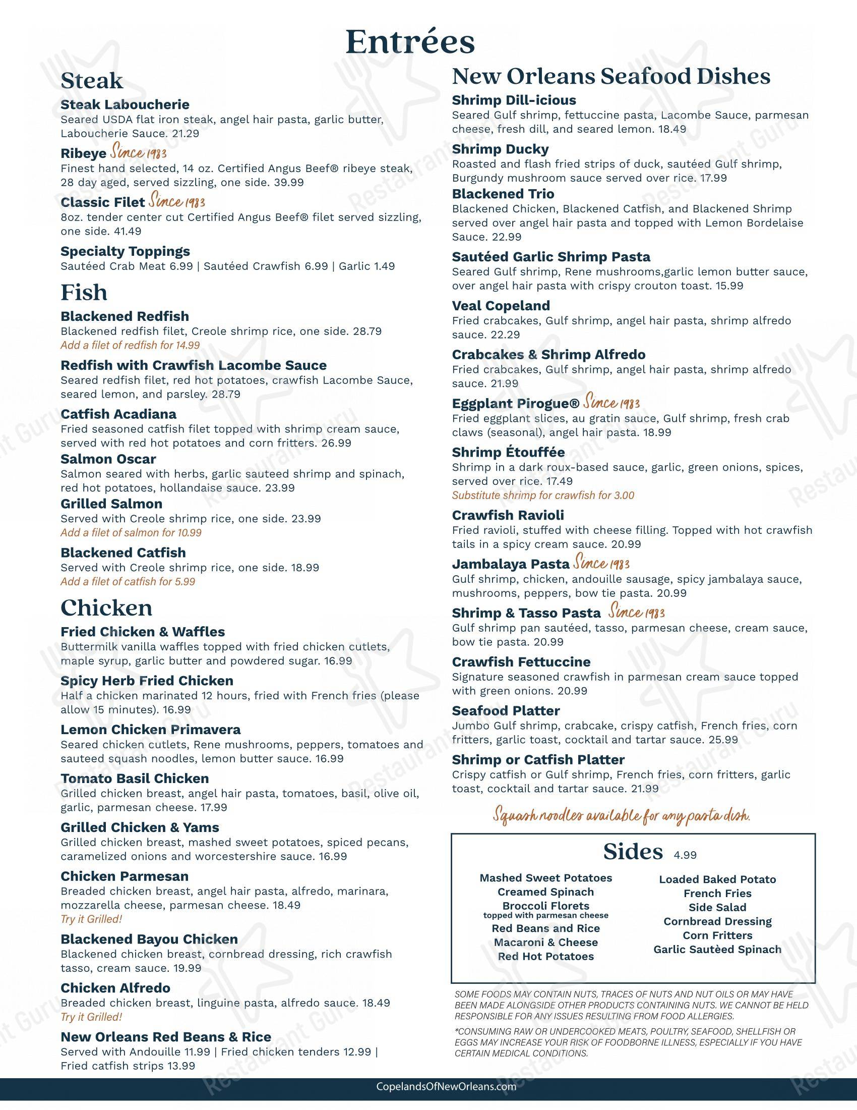 Menu at Copeland's of New Orleans steakhouse, Slidell, Gause Blvd