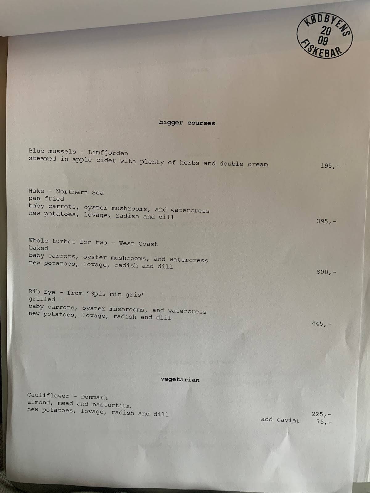 Menu at Kødbyens Fiskebar, Copenhagen