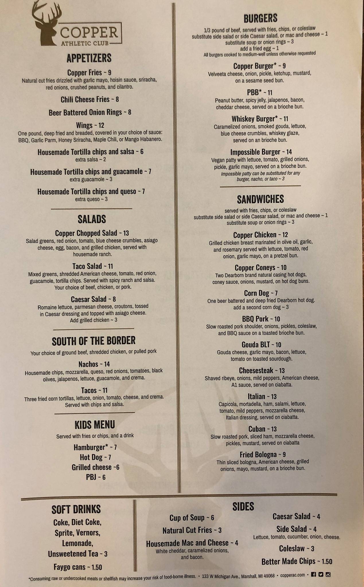 Menu at Copper Athletic Club, Marshall
