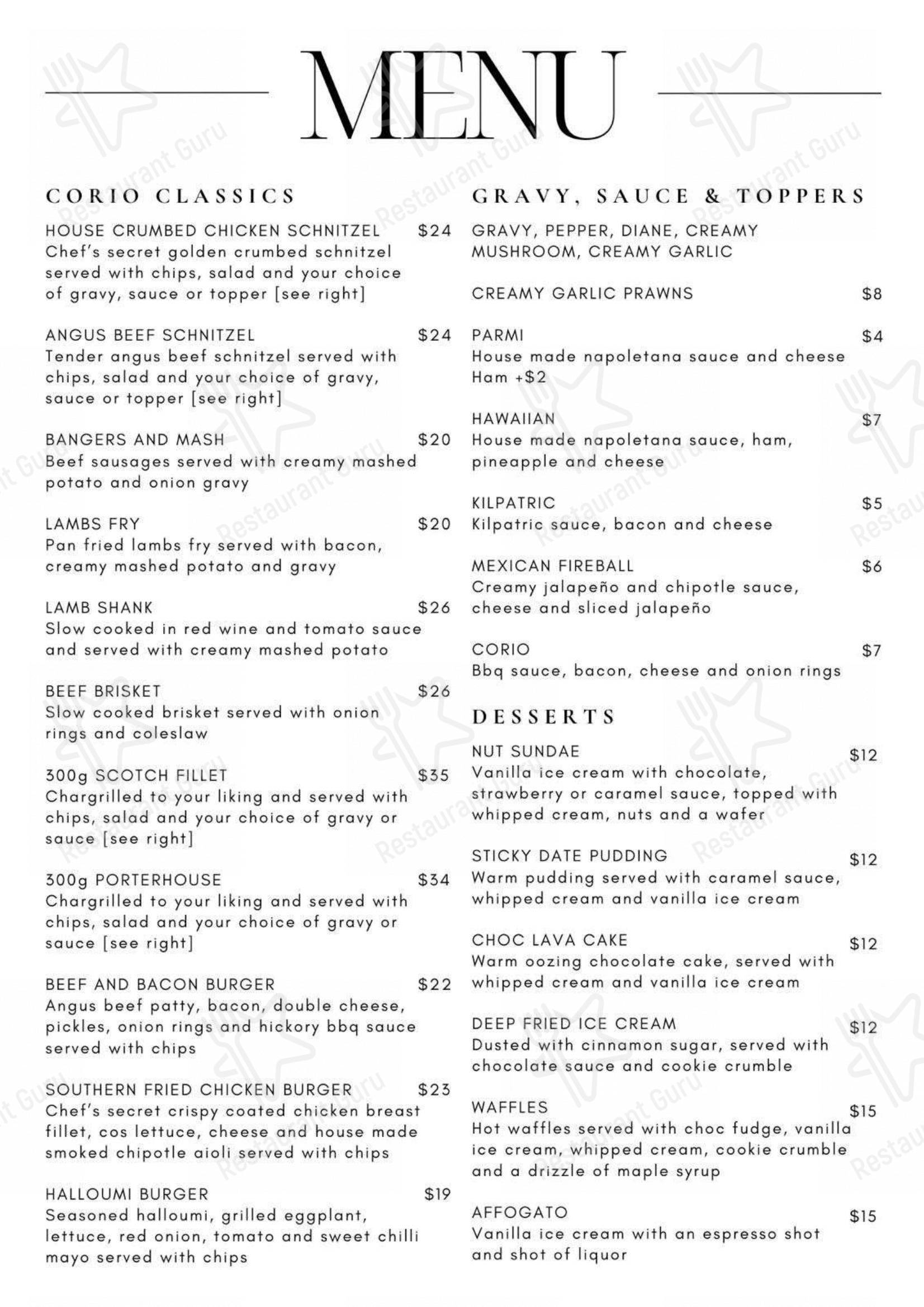Menu at Corio Hotel desserts, Goolwa
