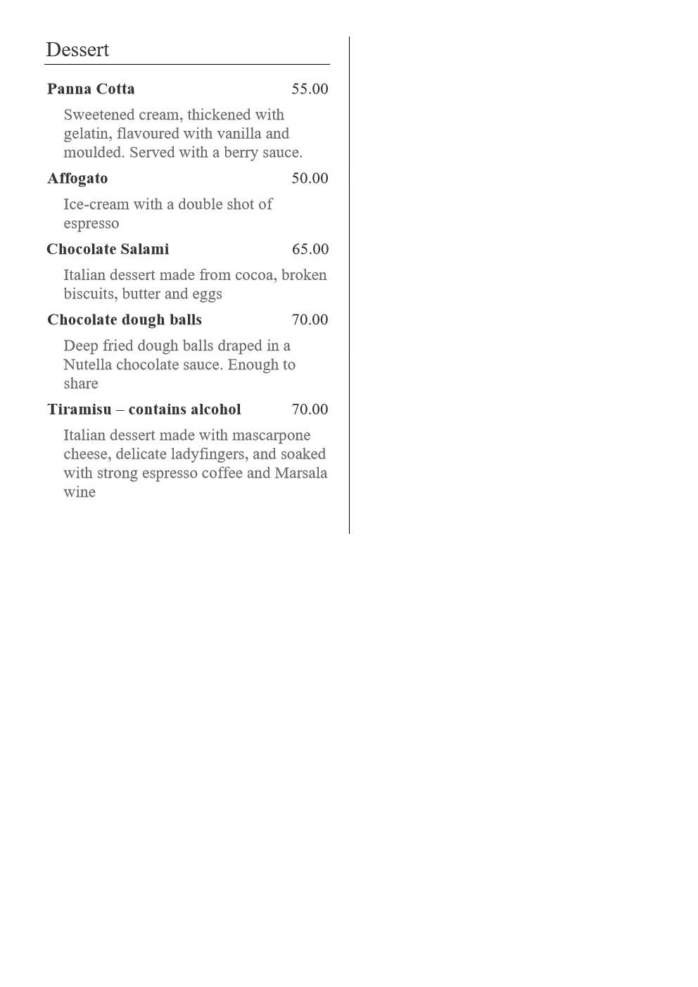 Menu at Corlie's Italian Somerset West restaurant, South Africa