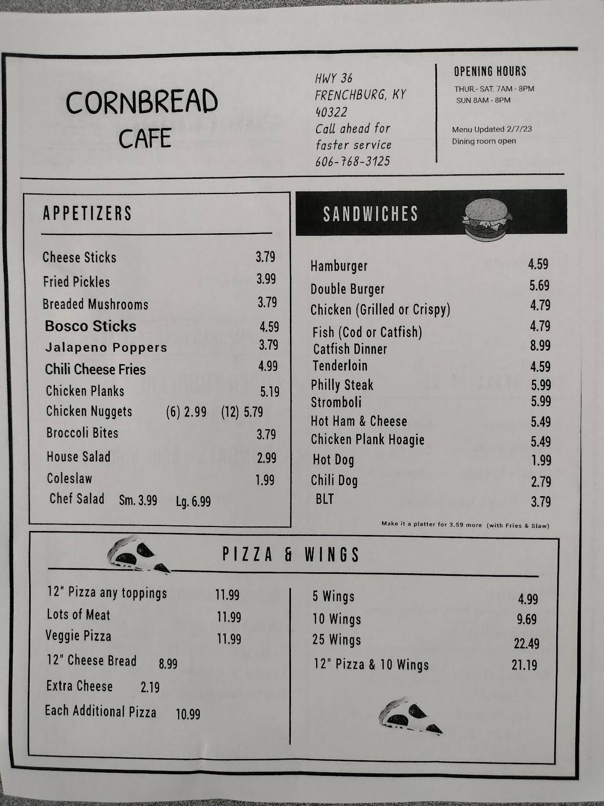 Menu at Cornbread Cafe, Frenchburg