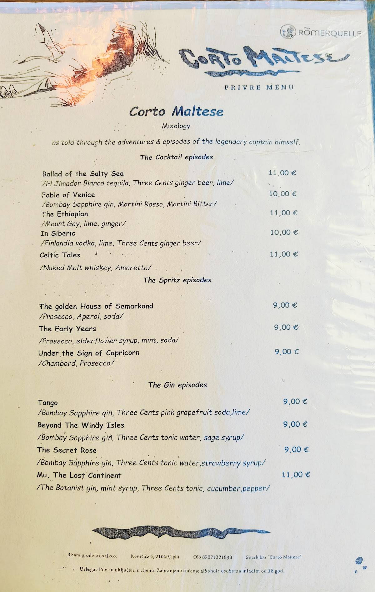 Menu at Corto Maltese Freestyle food restaurant, Split, Obrov ul. 7