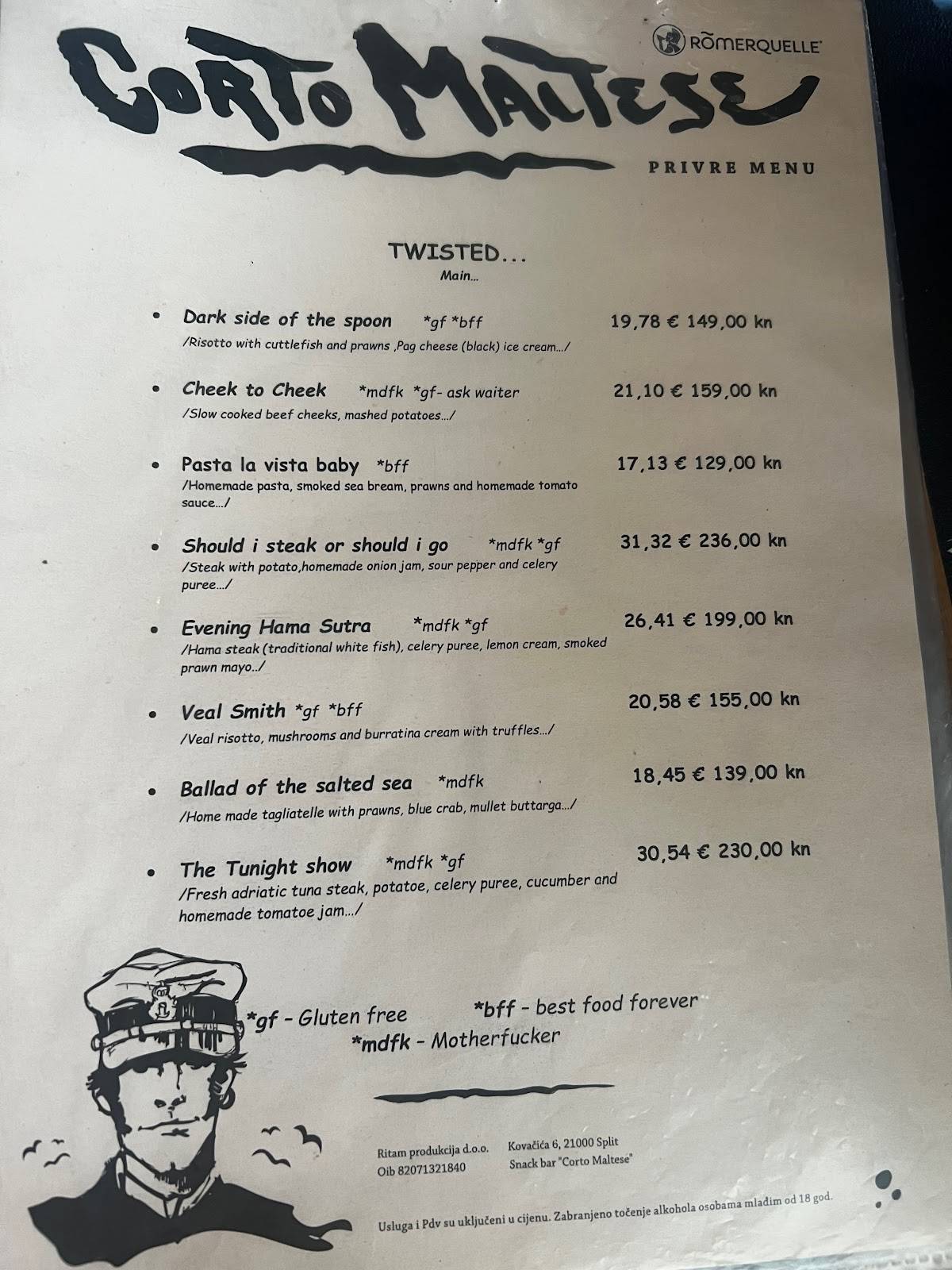 Menu at Corto Maltese Freestyle food restaurant, Split, Obrov ul. 7